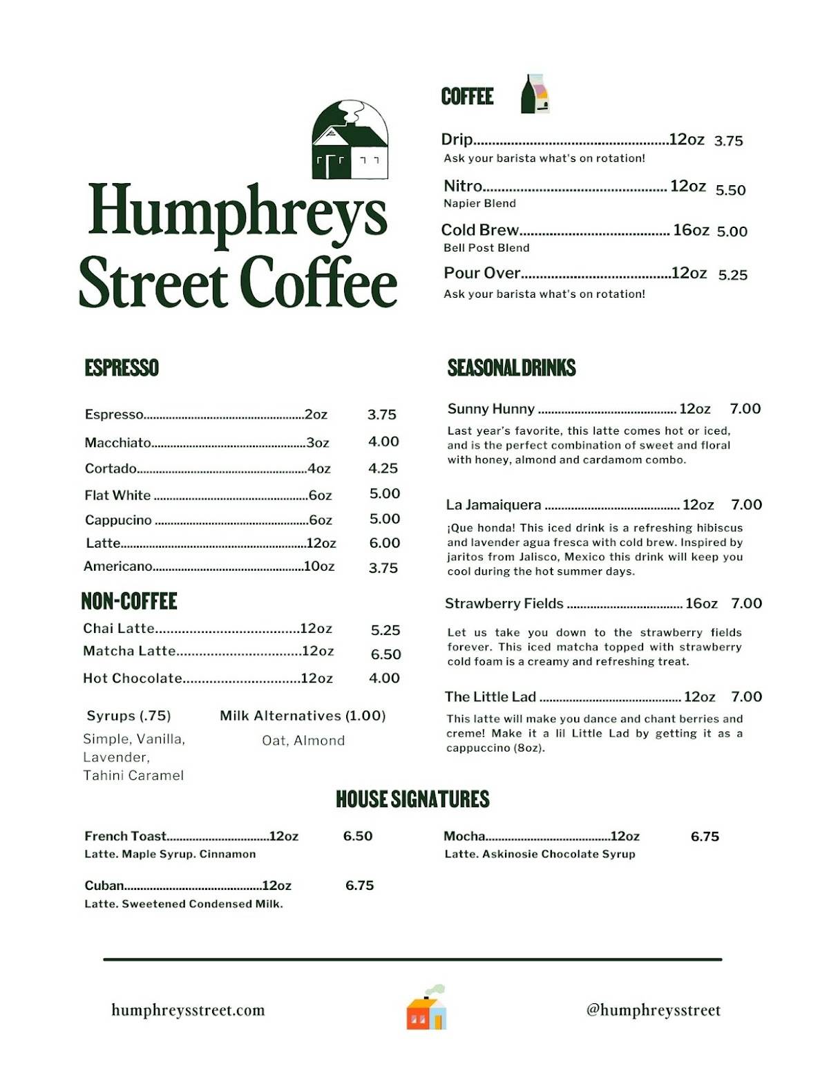 Menu at Humphreys Street Coffee Shop cafe, Nashville, 601 Broadway unit A