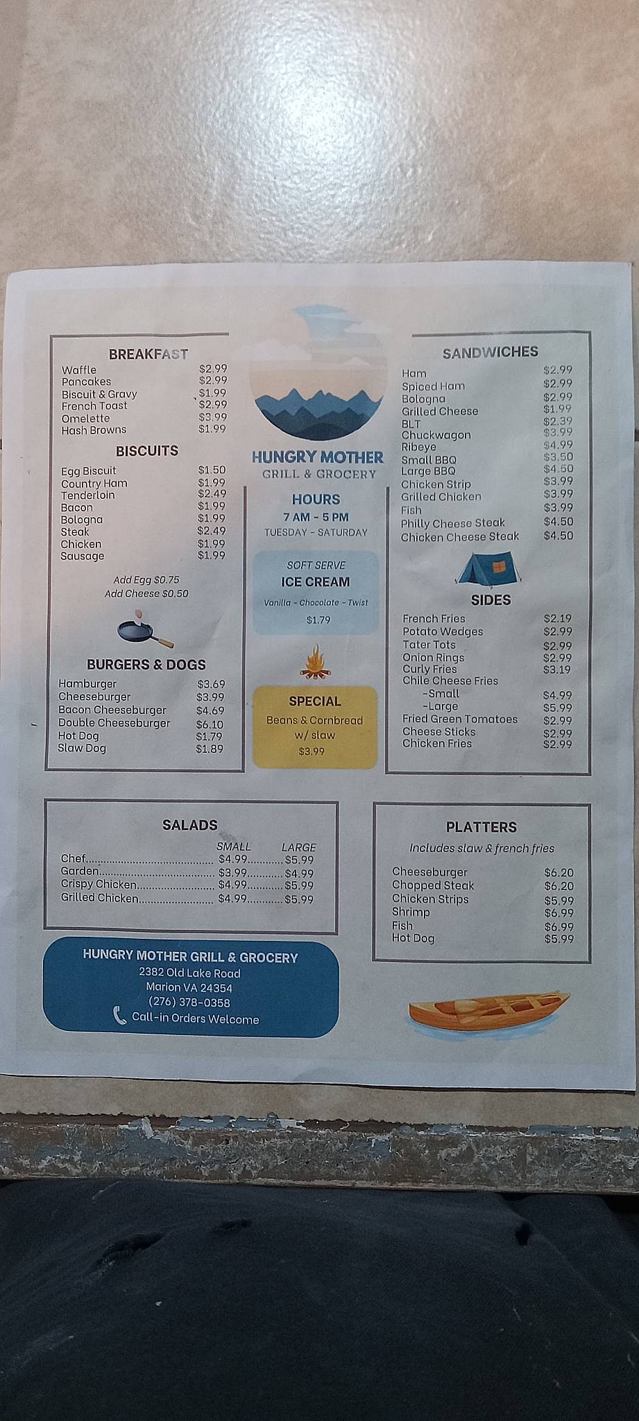 Menu at Hungry Mother Grill & Grocery restaurant, Marion