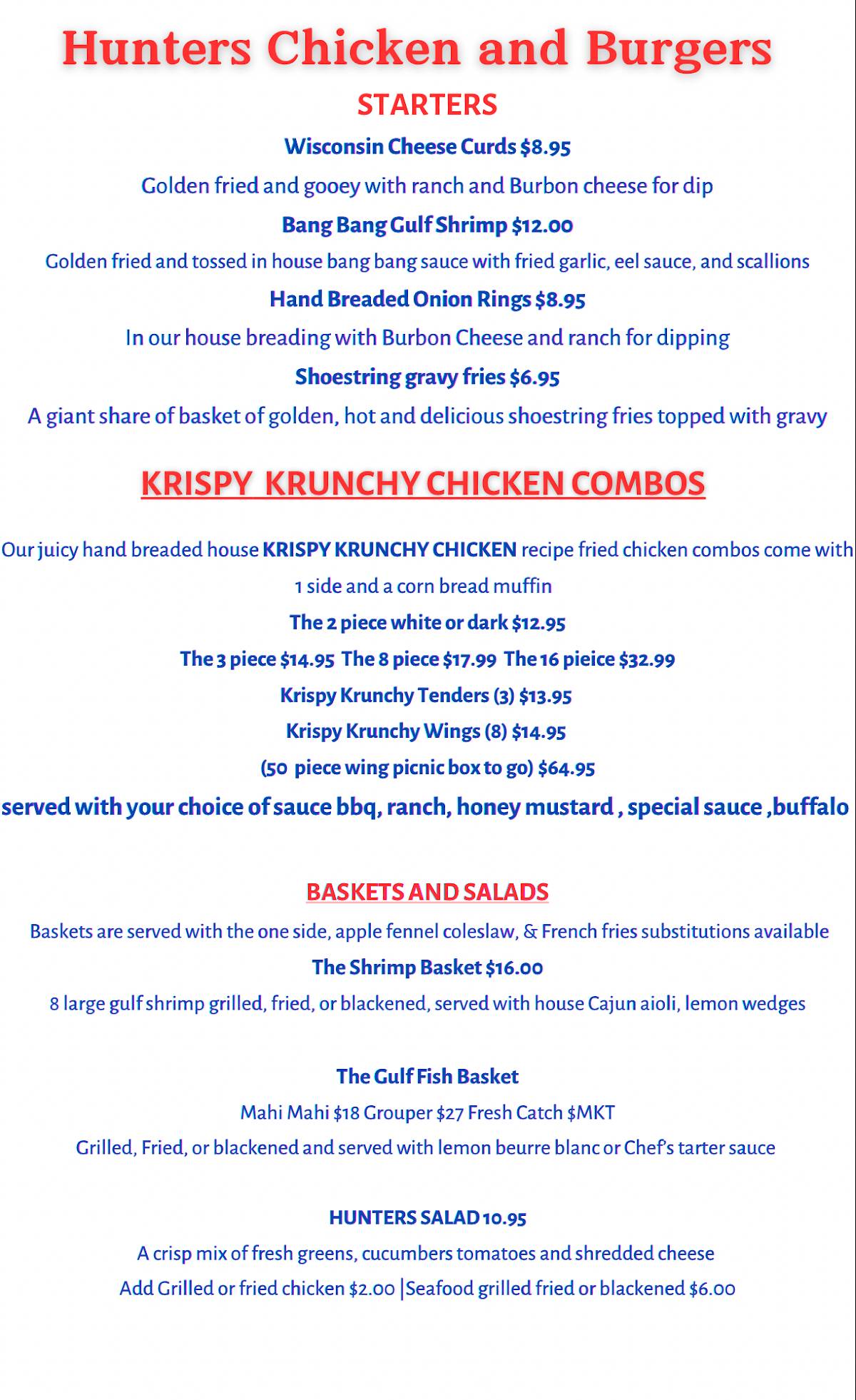 Menu at Hunter’s Chicken and Burgers restaurant, Miramar Beach