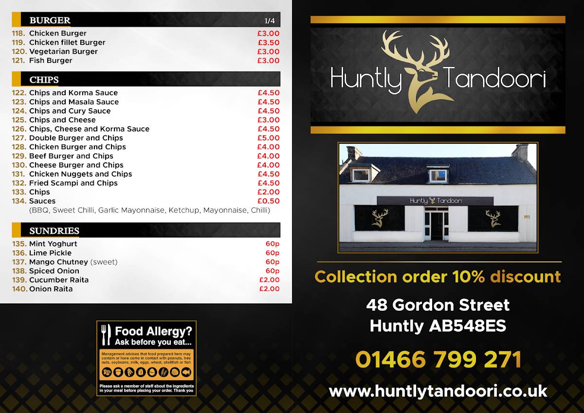 Menu at Huntly Tandoori Indian Takeaway restaurant, Huntly