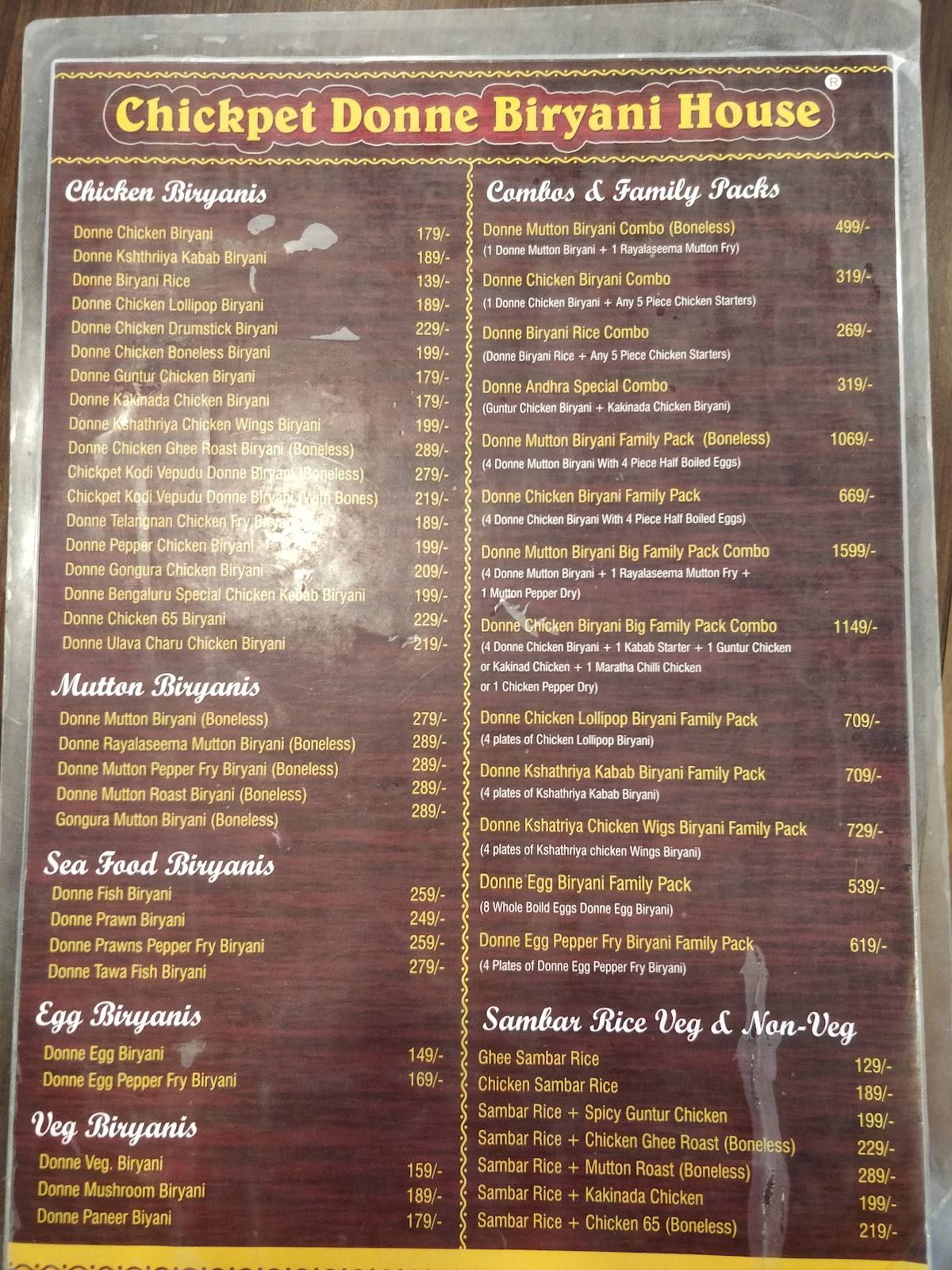 Menu at Chickpet Donne Biryani House -KPHB, Hyderabad, Shop No:102