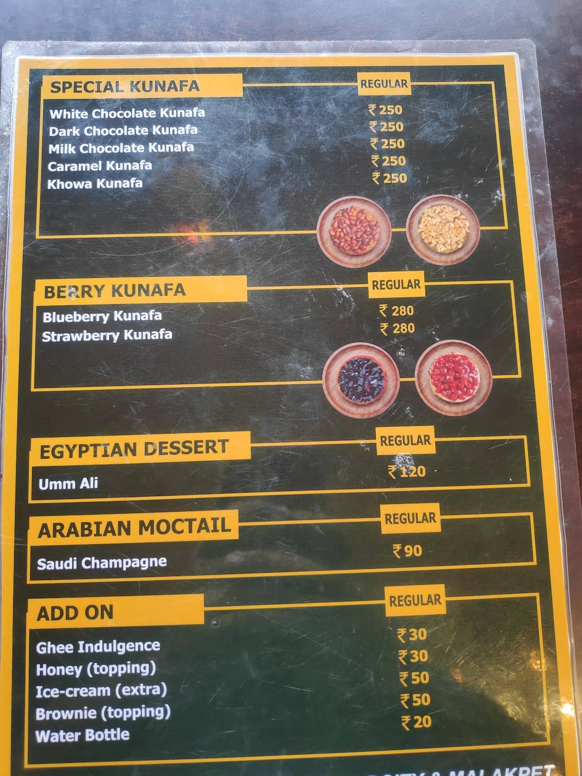 Menu at The Kunafa Station, Hyderabad, Old Mumbai Hwy
