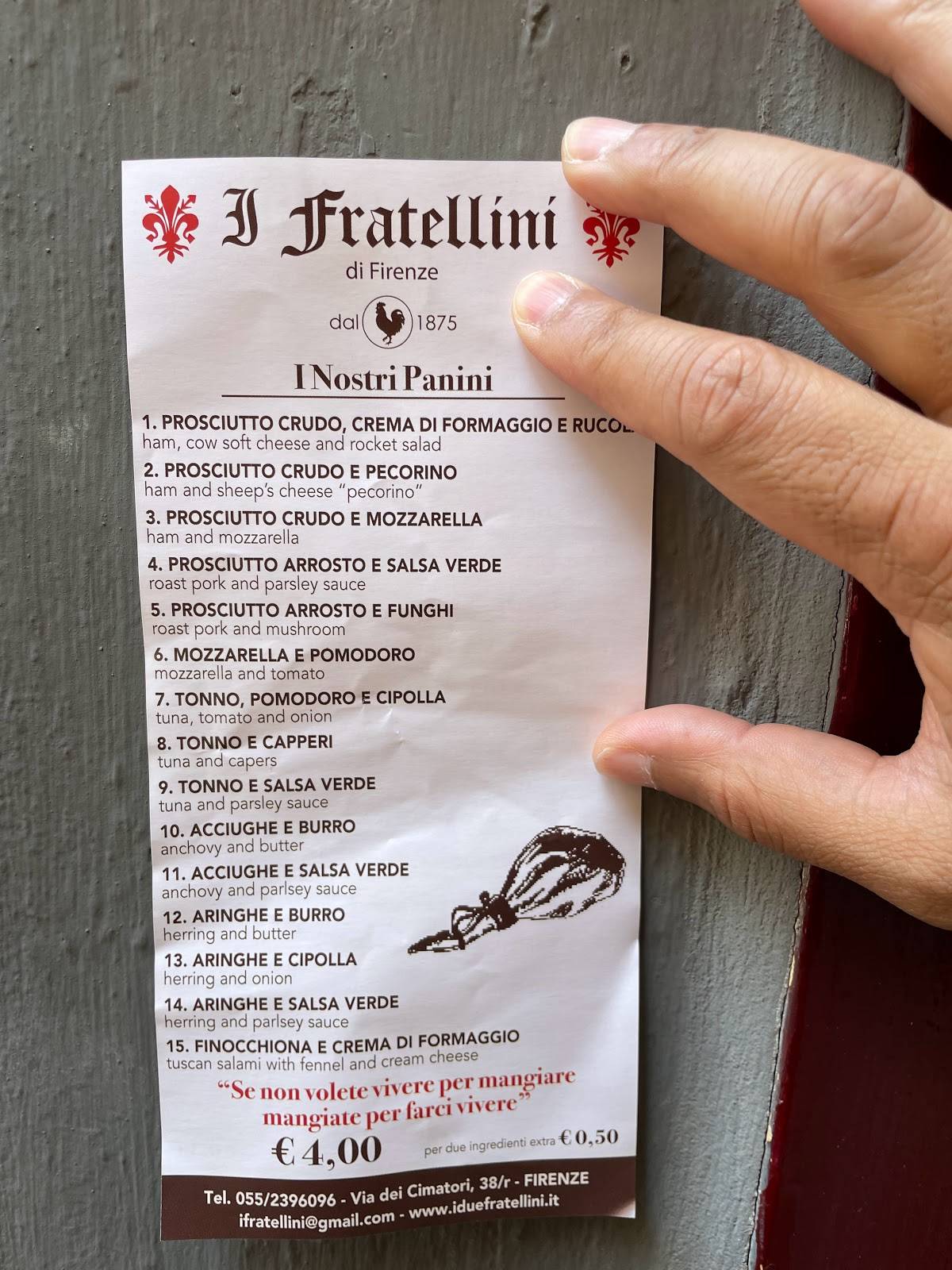 Menu da I Fratellini | Panini e Schiacciate dal 1875 pub & bar, Firenze