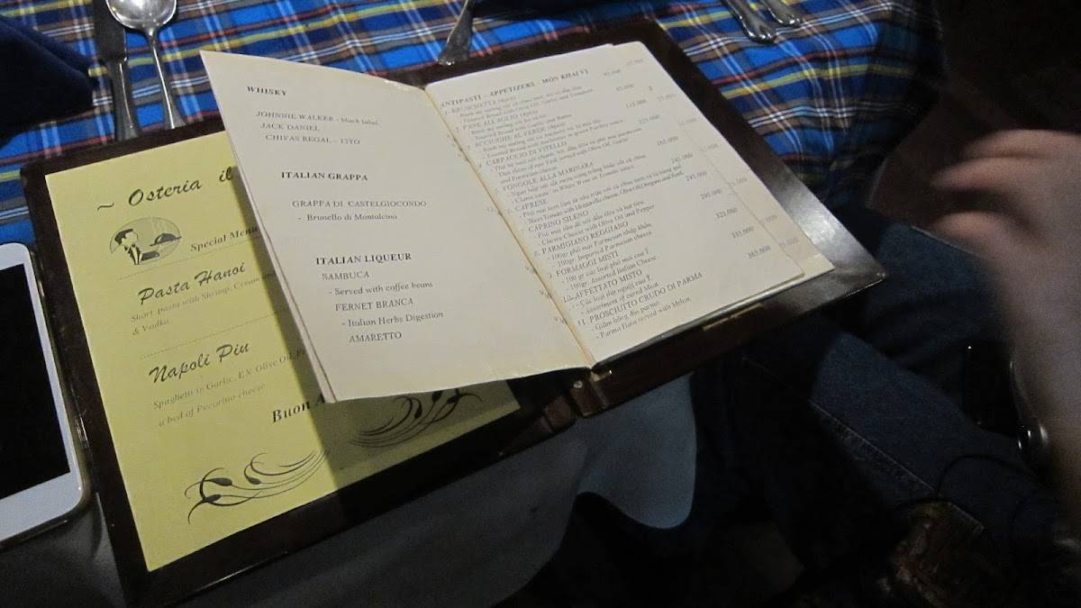 Menu at IL Grillo restaurant, Hanoi