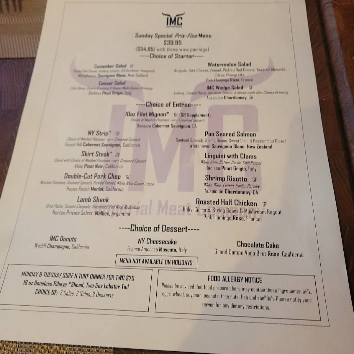 Menu at IMC Restaurant & Bar, Huntington