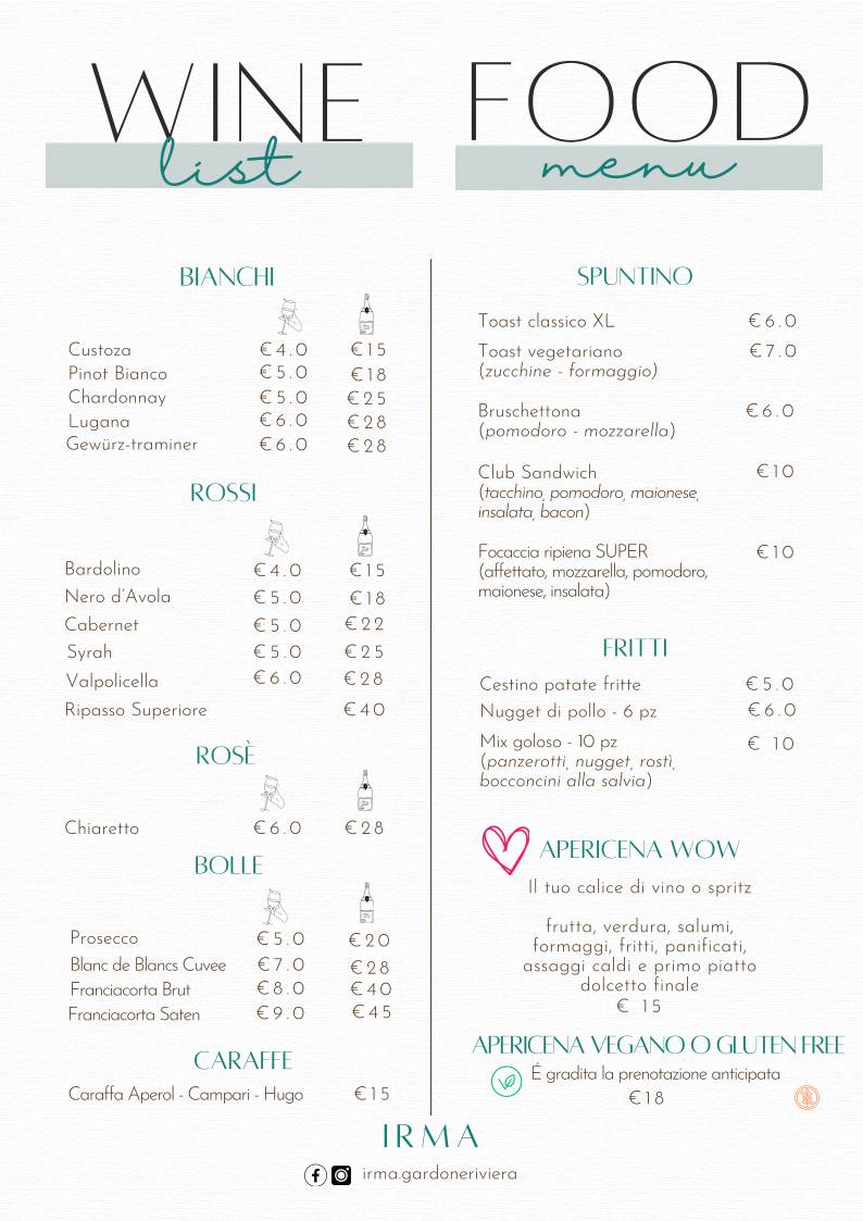 Menu da IRMA - ristorante per aperitivo e apericena, Gardone Riviera