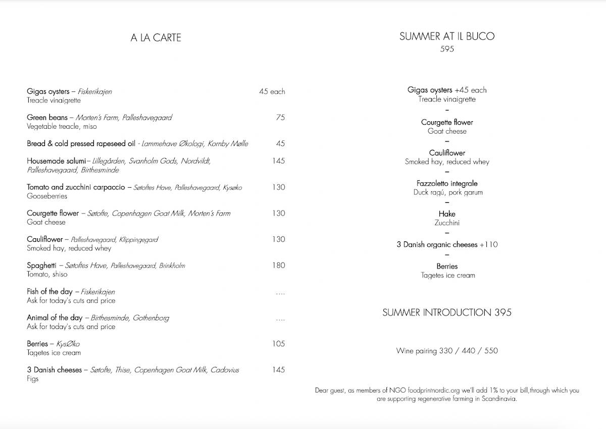 Menu at Il Buco restaurant, Copenhagen