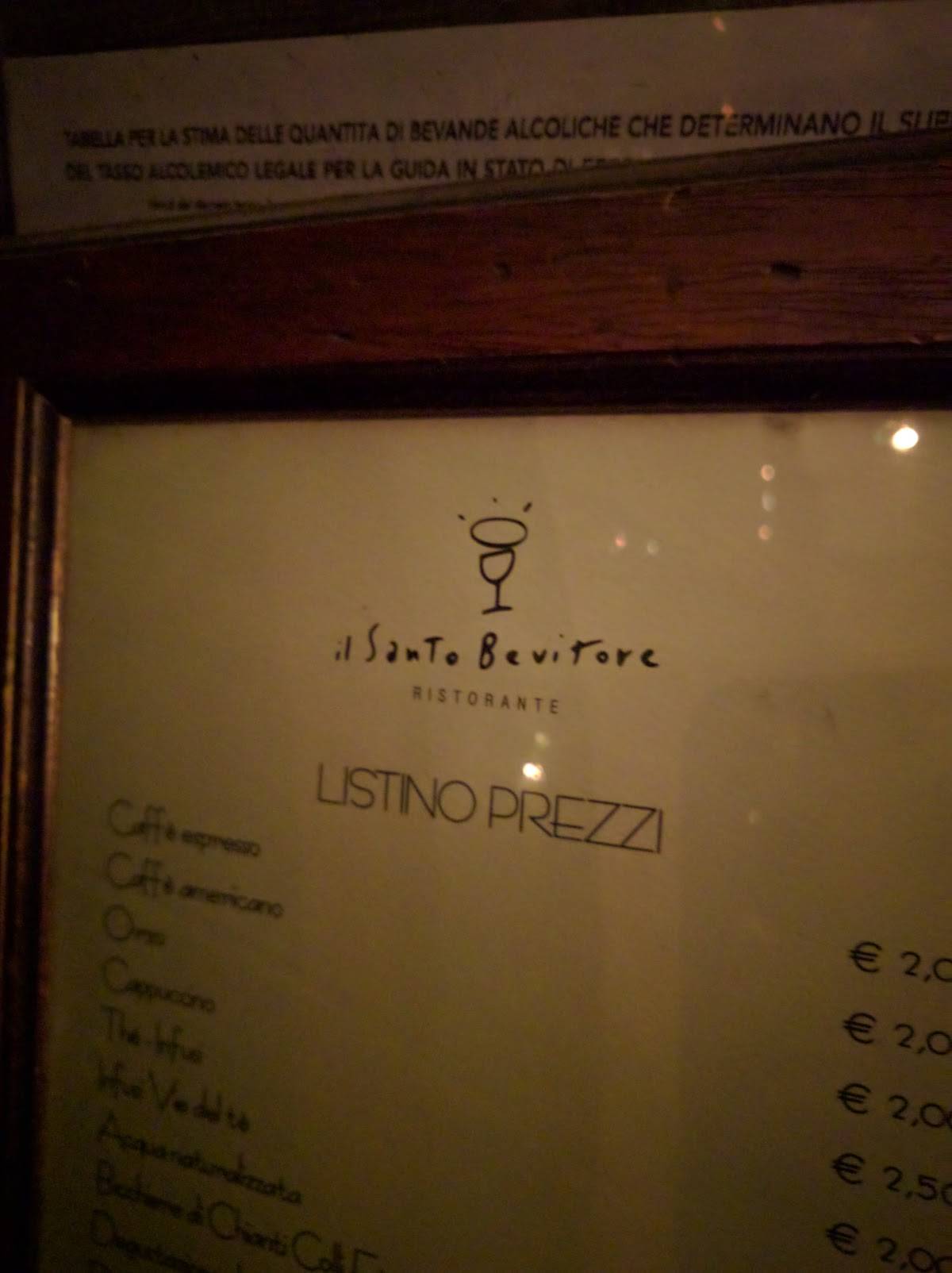 Menu at Il Santo Bevitore restaurant, Florence, Via Santo Spirito