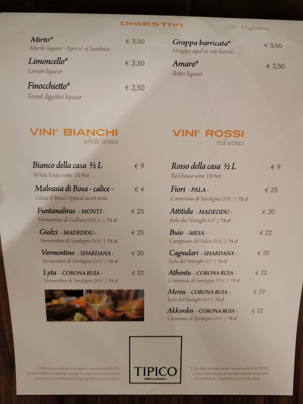 Menu da Ristorante Tipico, Bosa