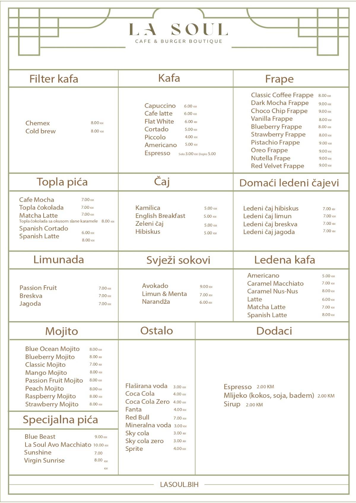 Menu at La Soul Cafe & Burger Boutique, Sarajevo