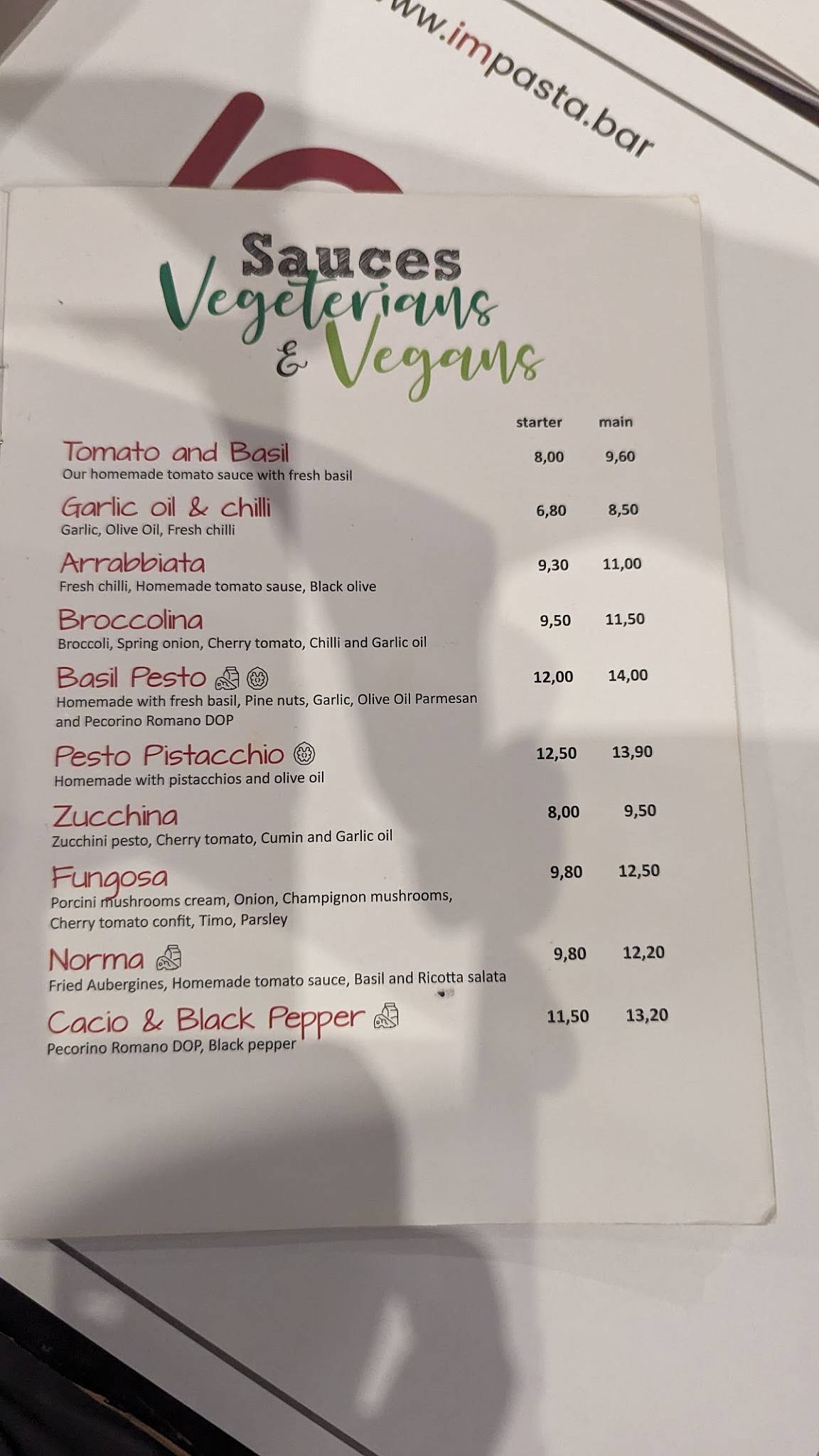 Menu at ImPasta restaurant, Valletta, 7 South St