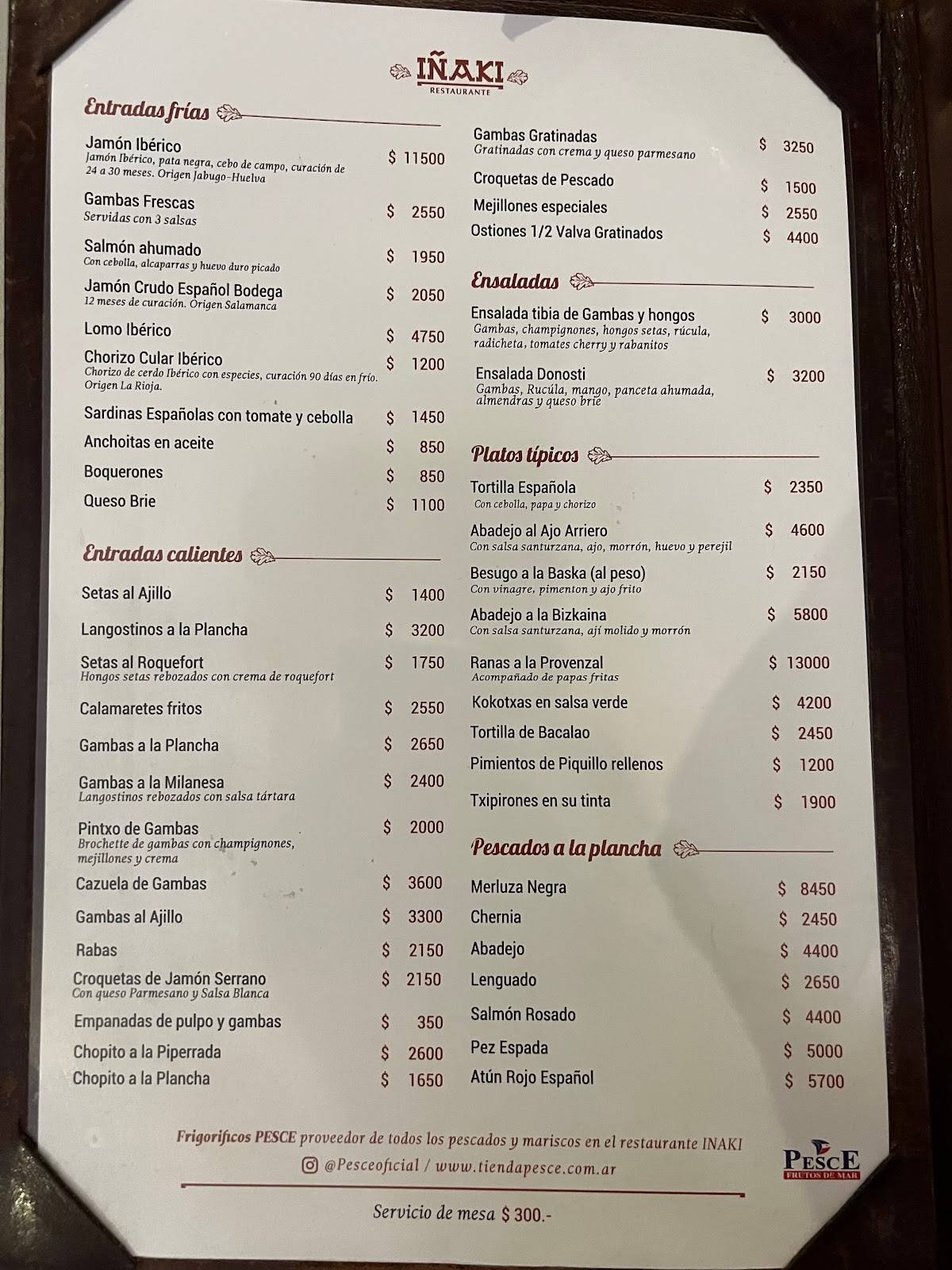 Carta de Iñaki Restaurante, Buenos Aires
