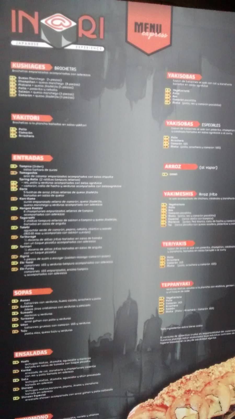 Carta del restaurante Inari, San Luis Potosi, Plaza Tangamanga