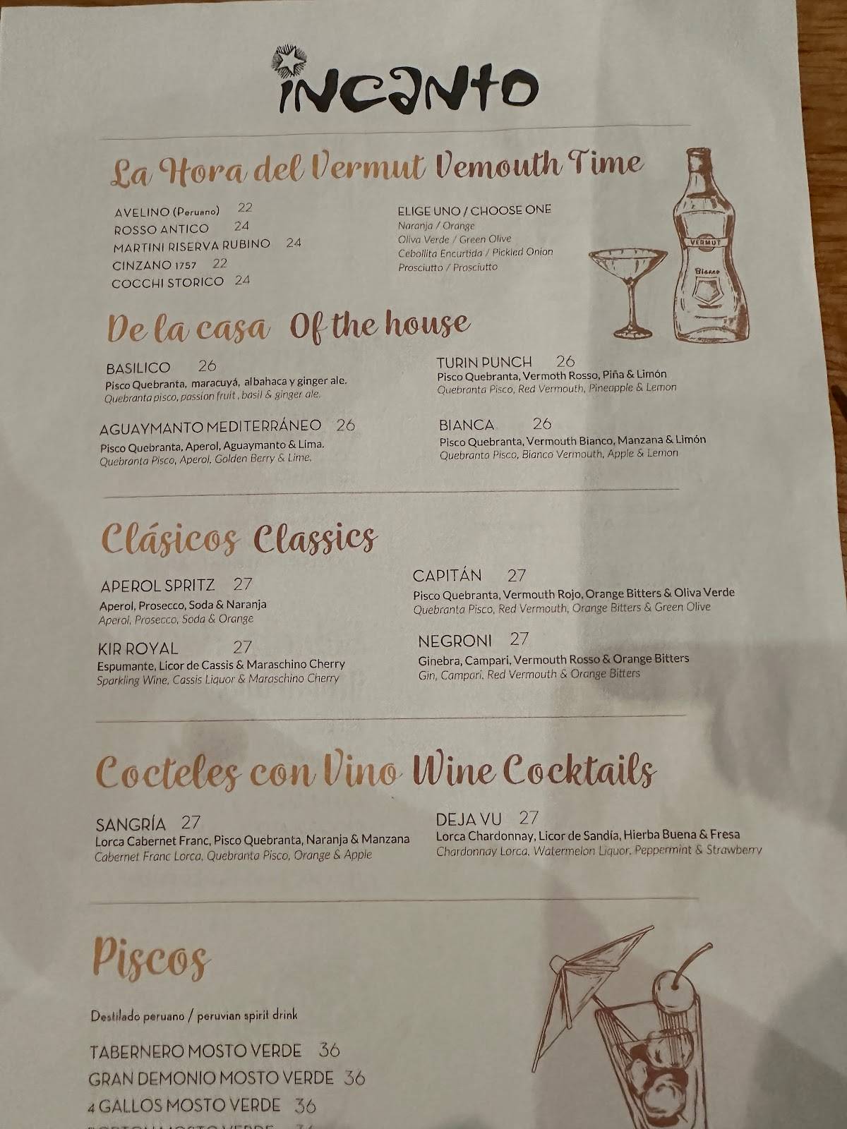 Carta del restaurante Incanto, Cusco