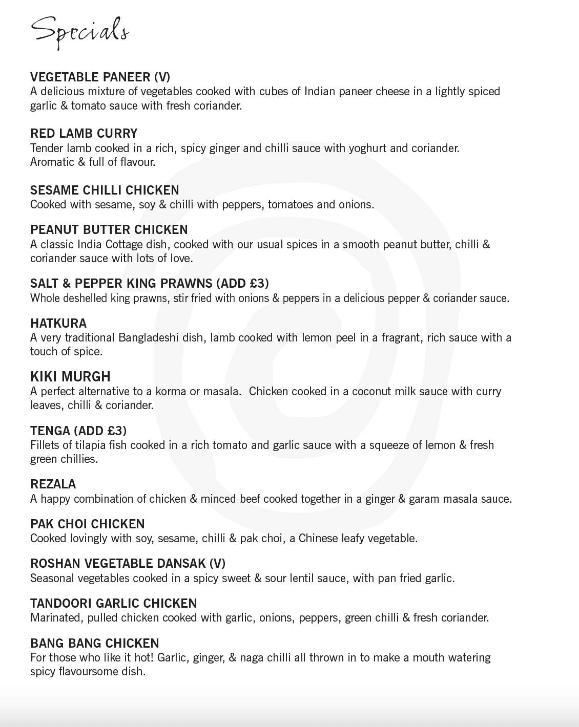 Menu at India Cottage restaurant, Ringwood