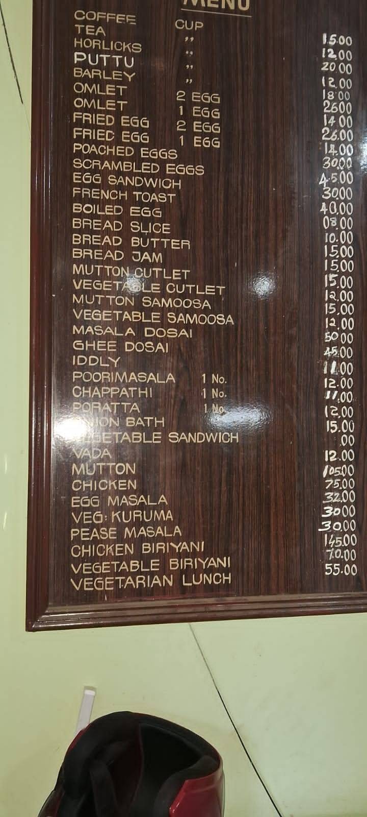 Menu at Indian Coffee House, Mananthavady