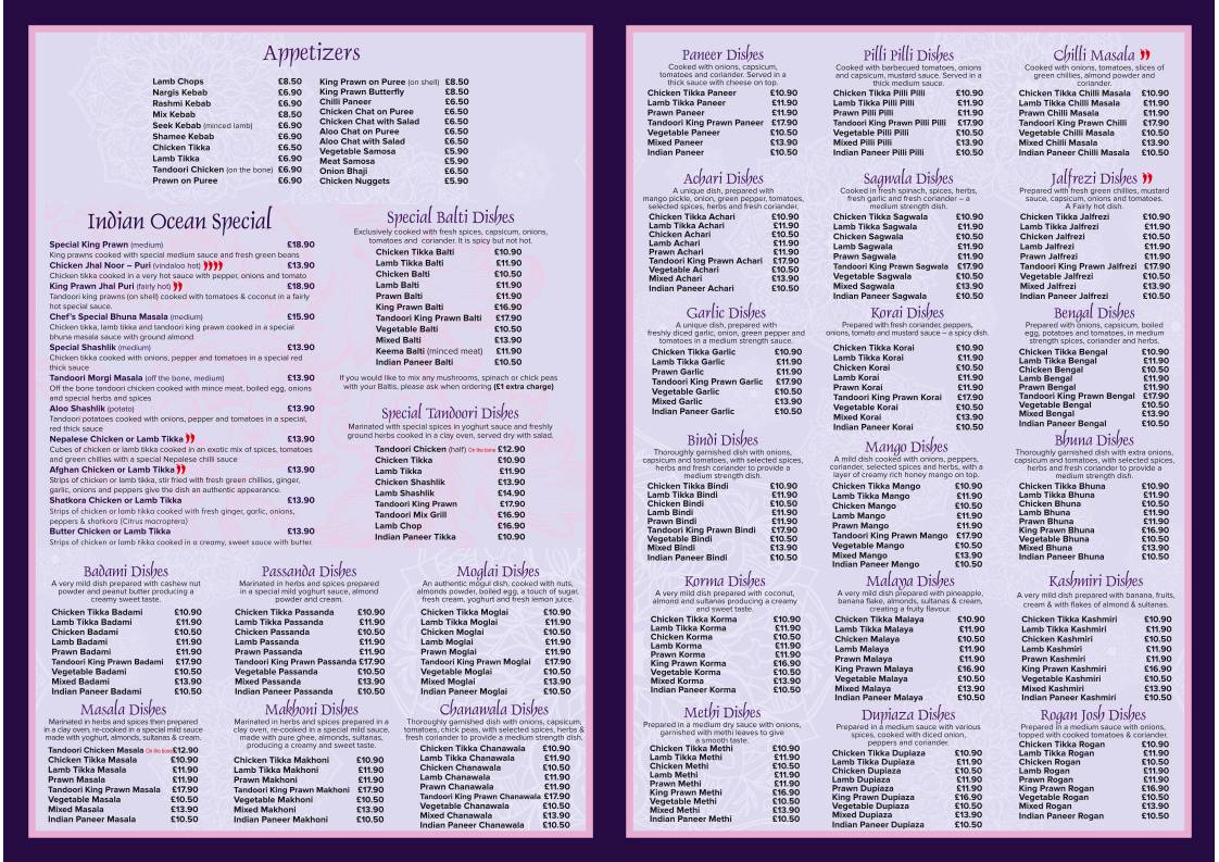 Menu at Indian Ocean restaurant, Nantwich