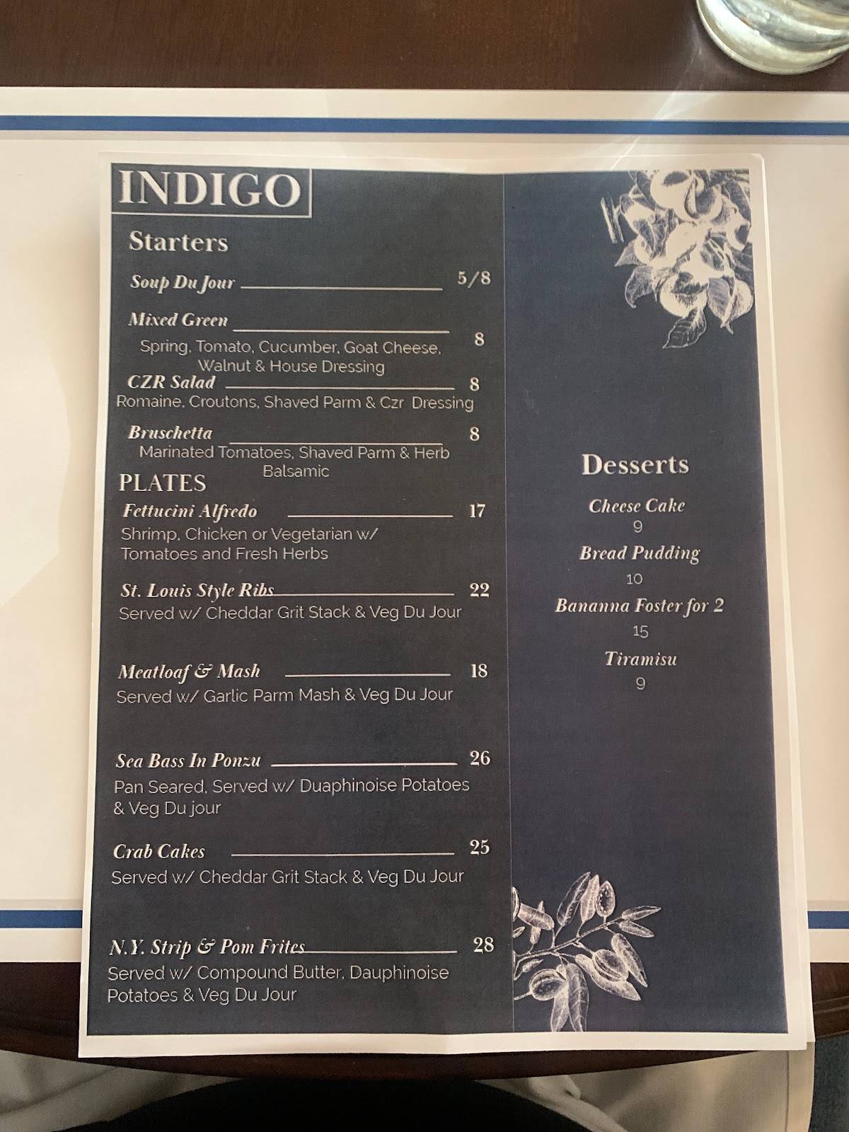Menu at Indigo Cafe + Bar, Montevallo