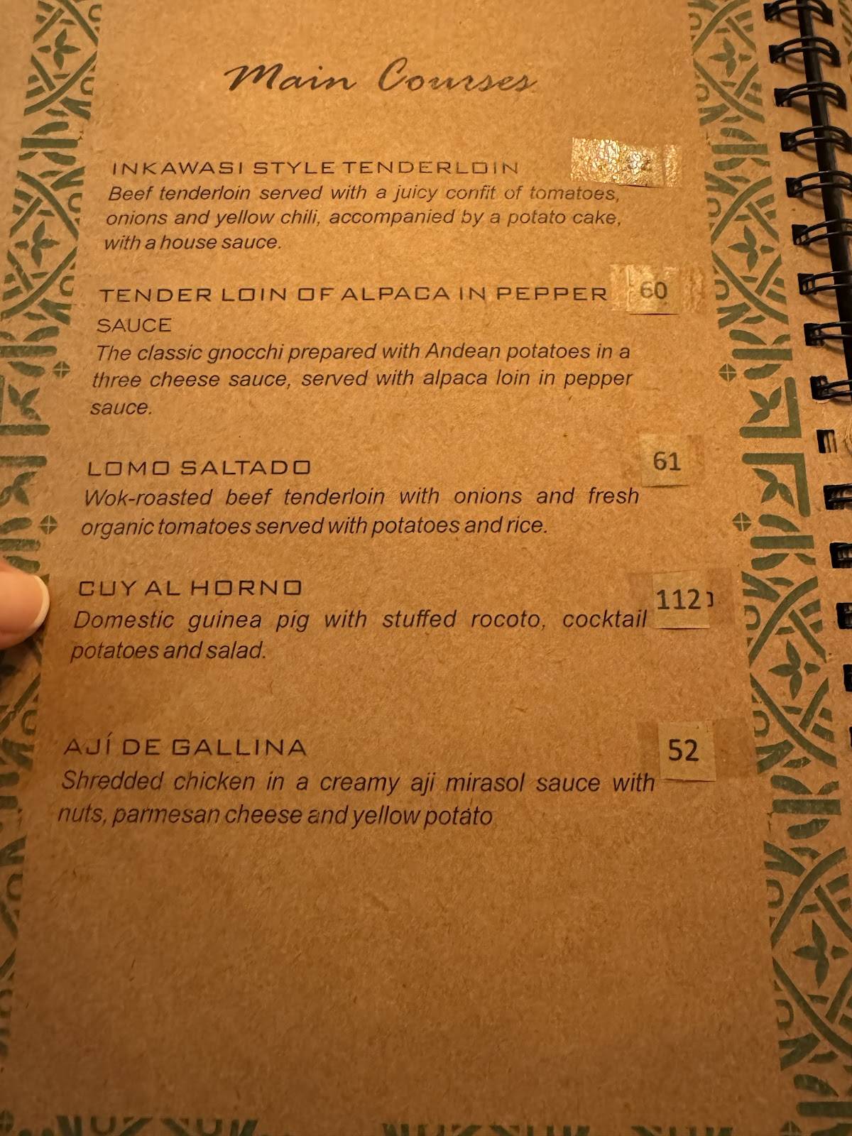Menu at Inka Wasi Restaurant, Aguas Calientes