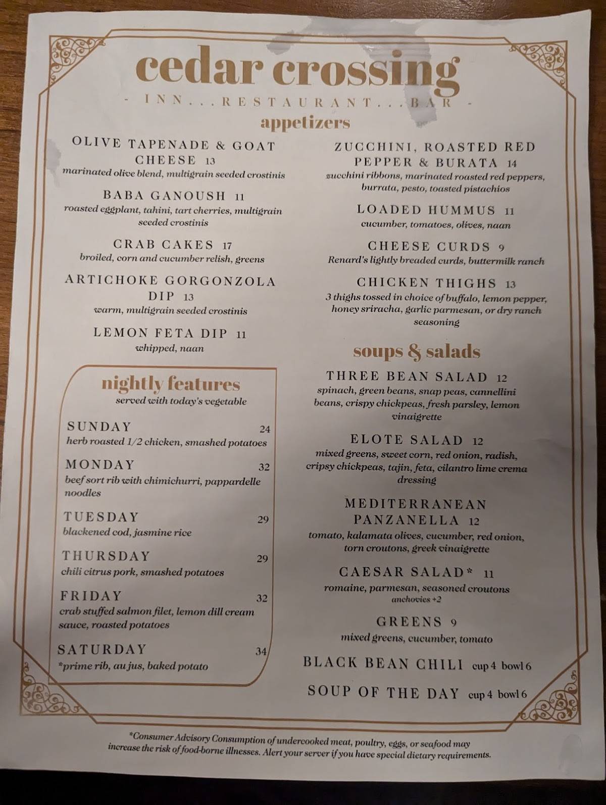 Menu at Inn at Cedar Crossing pub & bar, Sturgeon Bay, 112 N 3rd Ave