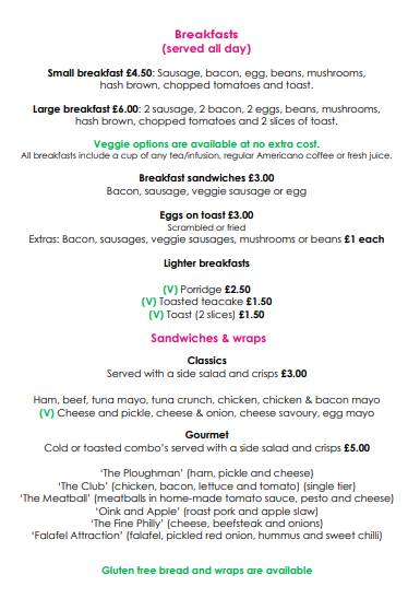 Menu at Inspire Cafe, Hull