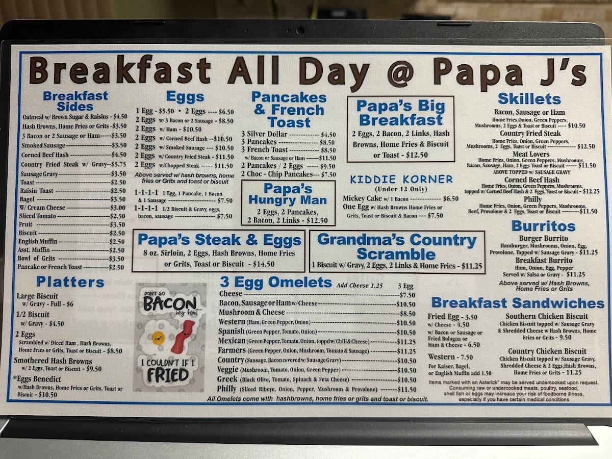 Menu at Papa J's Diner cafe, Inverness, Hwy 44 W