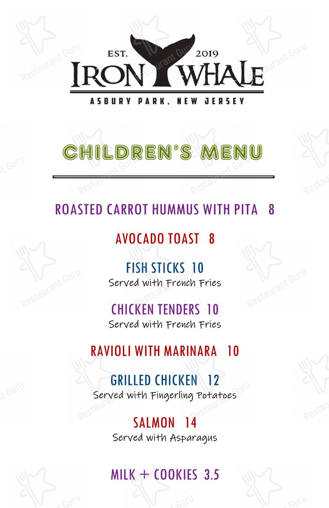 Menu at Iron Whale restaurant, Asbury Park