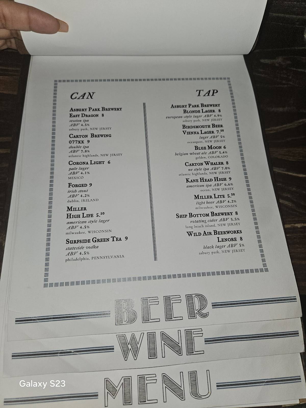Menu at Iron Whale restaurant, Asbury Park