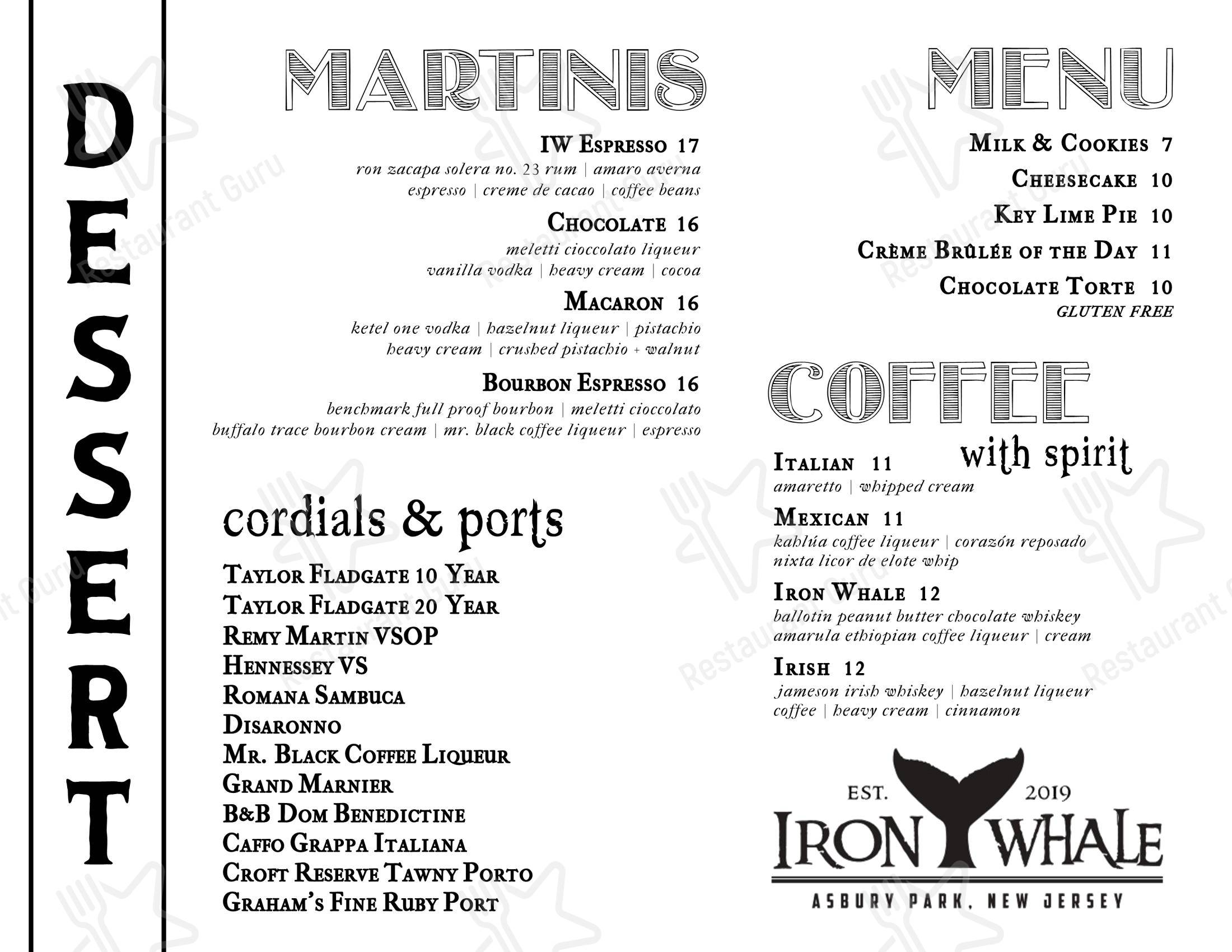 Menu at Iron Whale restaurant, Asbury Park