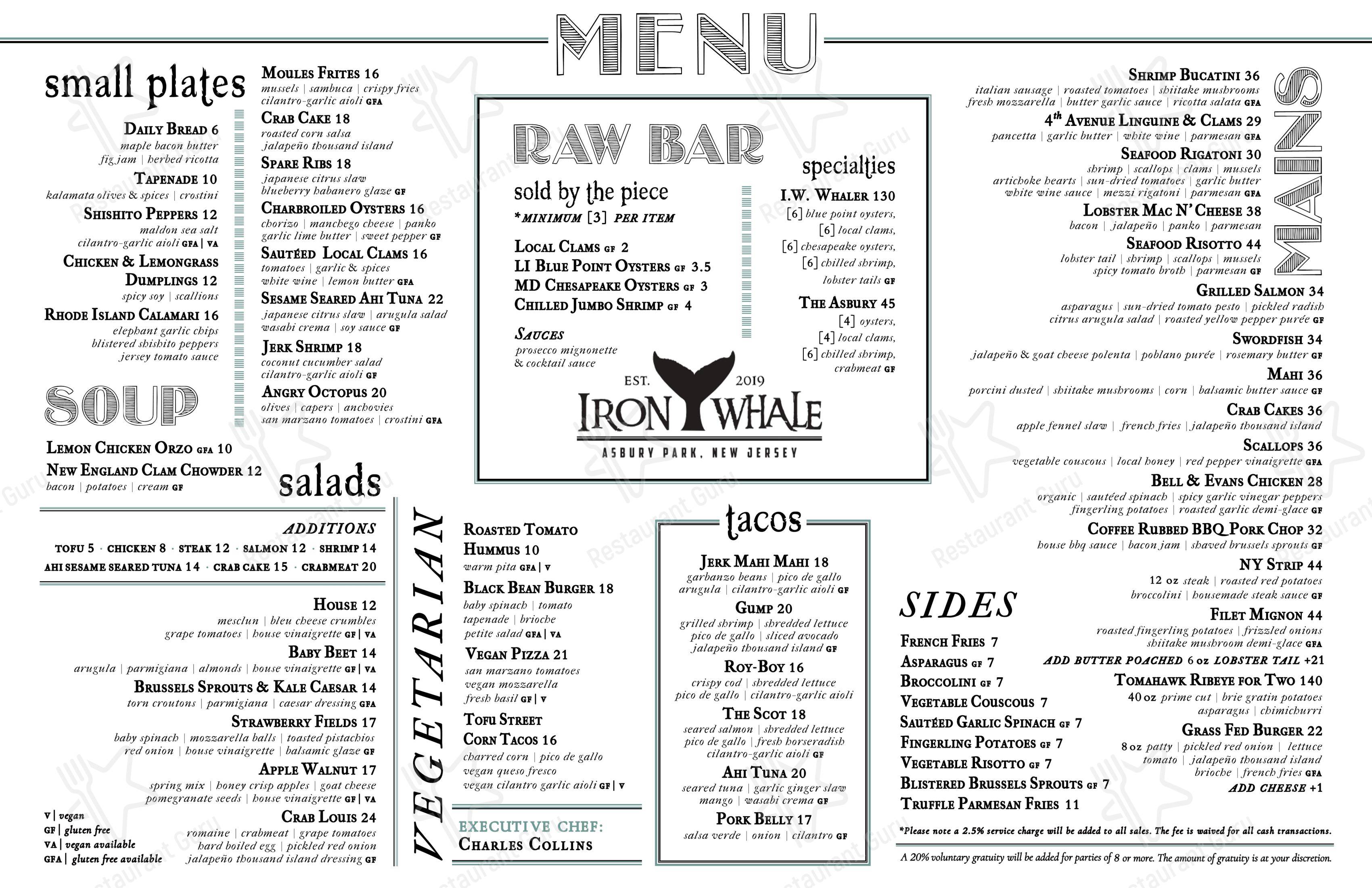 Menu at Iron Whale restaurant, Asbury Park