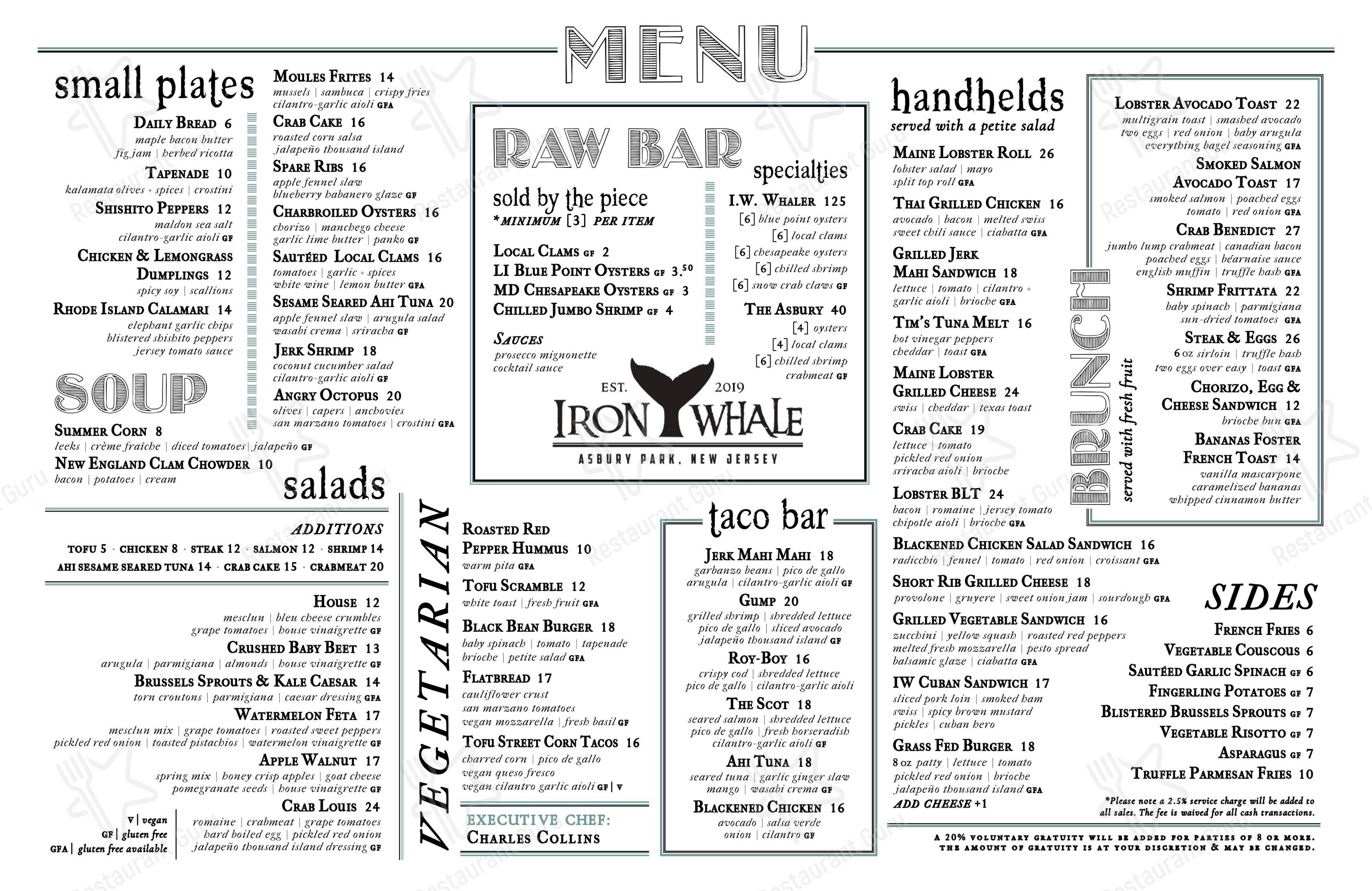 Menu at Iron Whale restaurant, Asbury Park