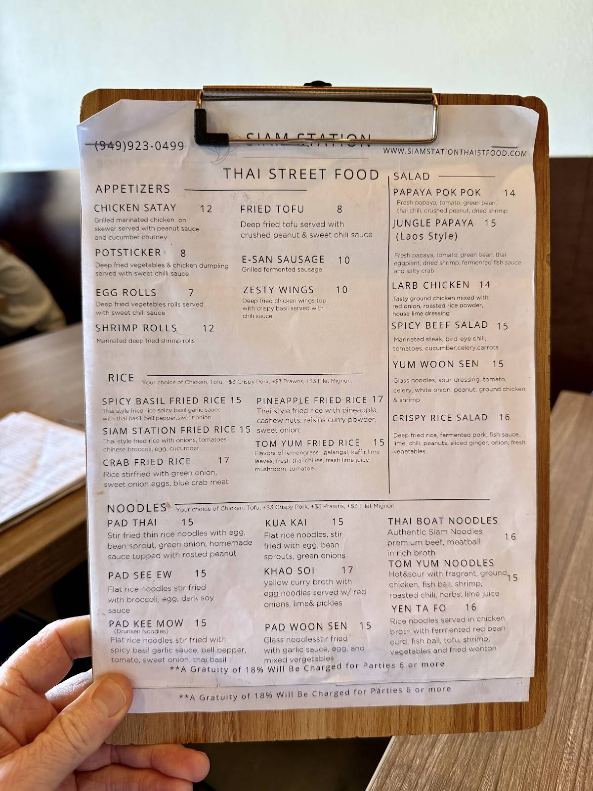 Menu at Siam Station Thai Street Food restaurant, Irvine