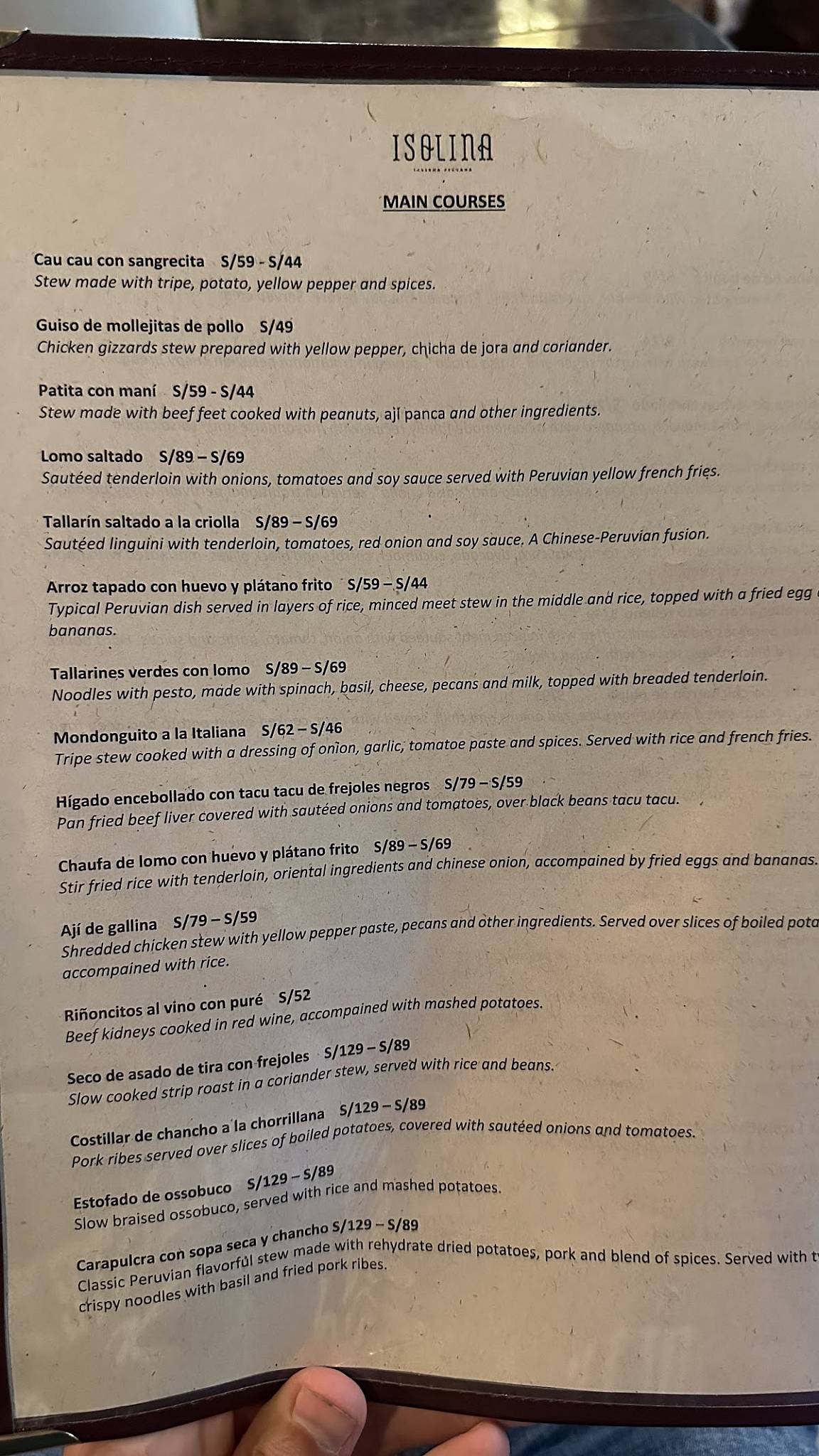 Menu at Isolina restaurant, Barranco District