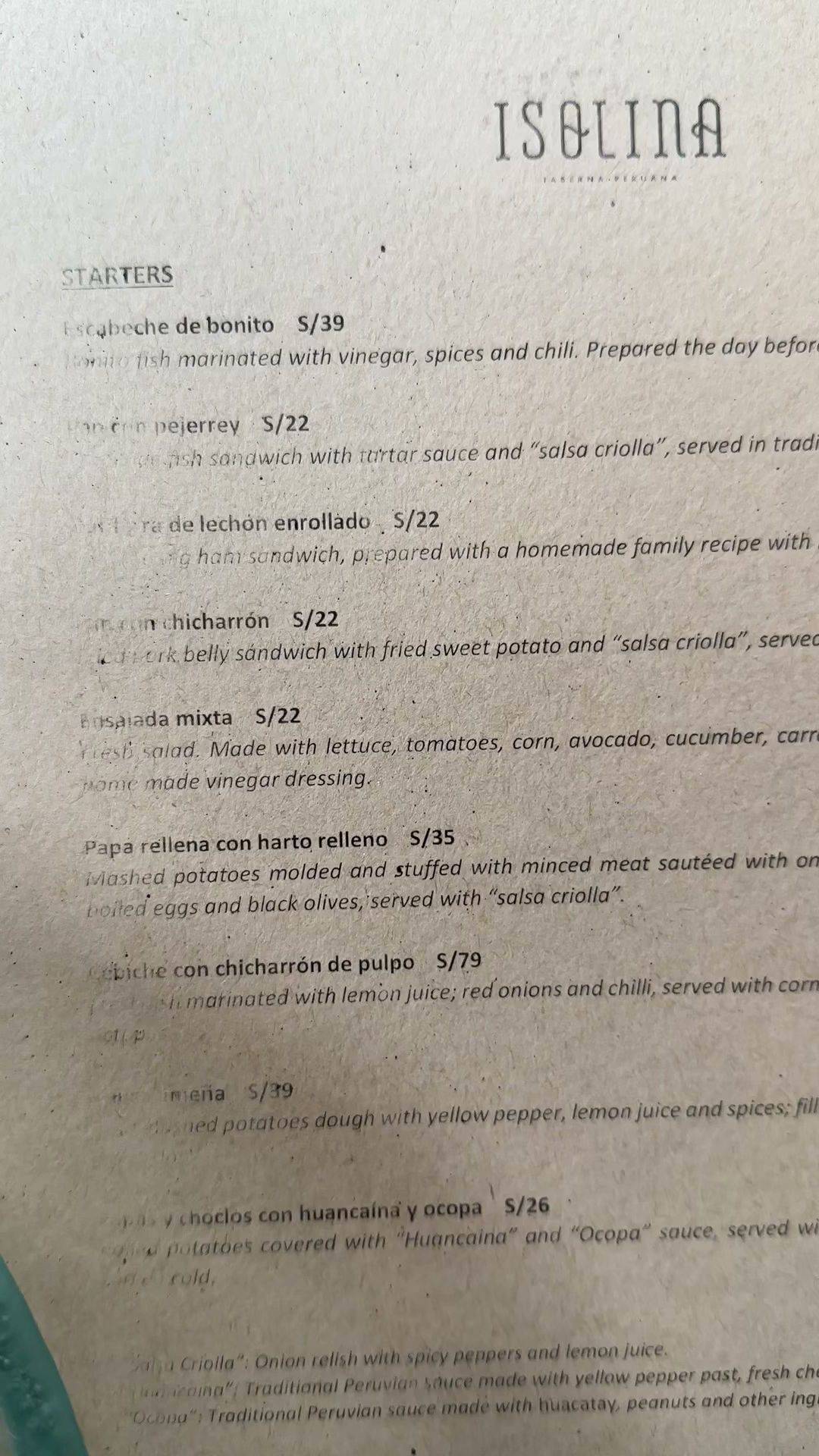 Carta del restaurante Isolina Taberna Peruana, Barranco