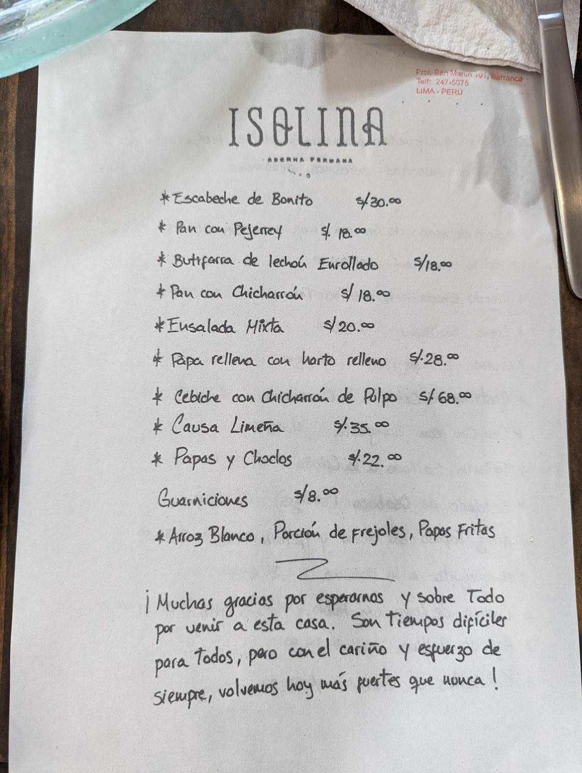 Carta del restaurante Isolina Taberna Peruana, Barranco