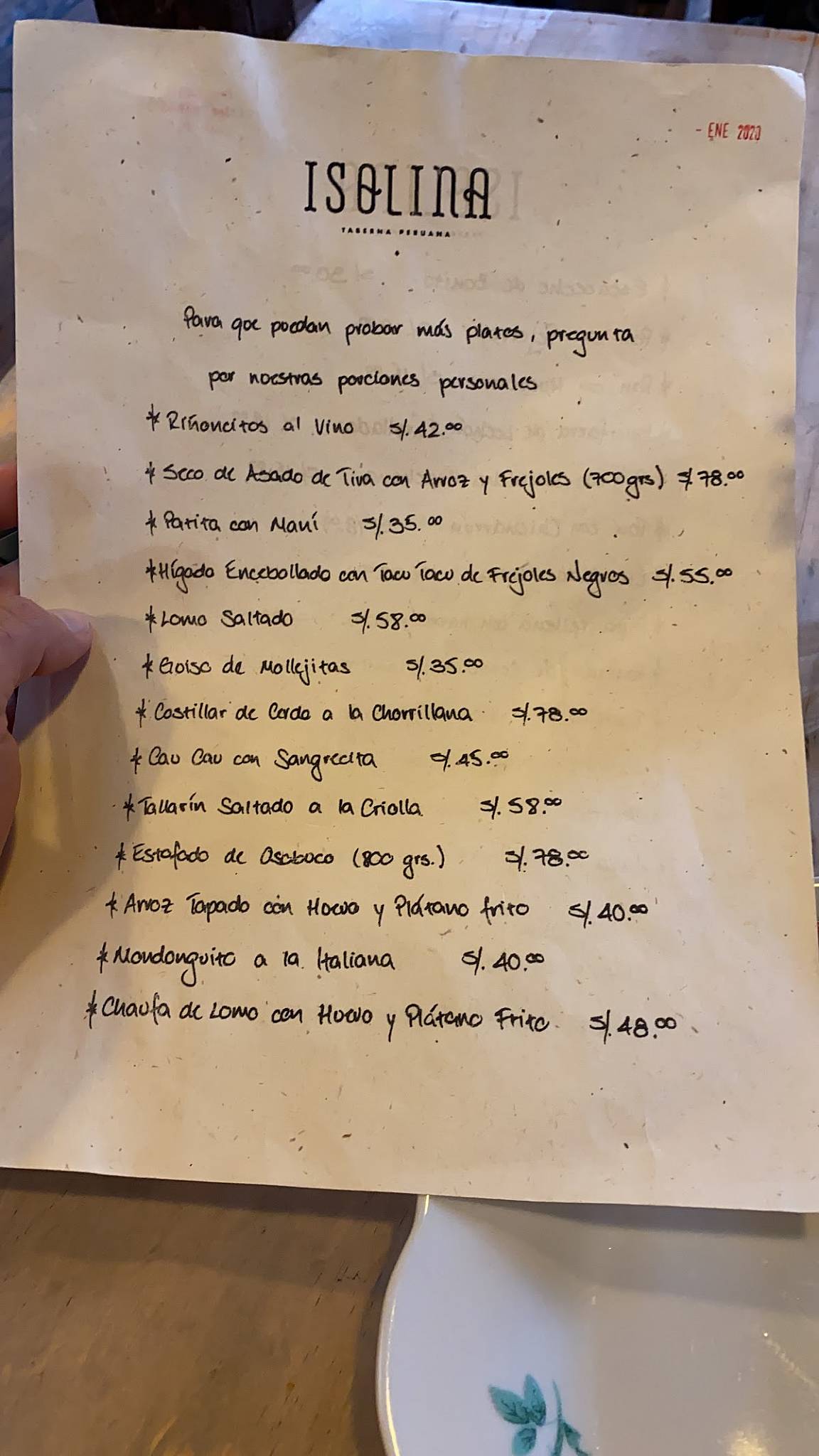 Carta del restaurante Isolina Taberna Peruana, Barranco