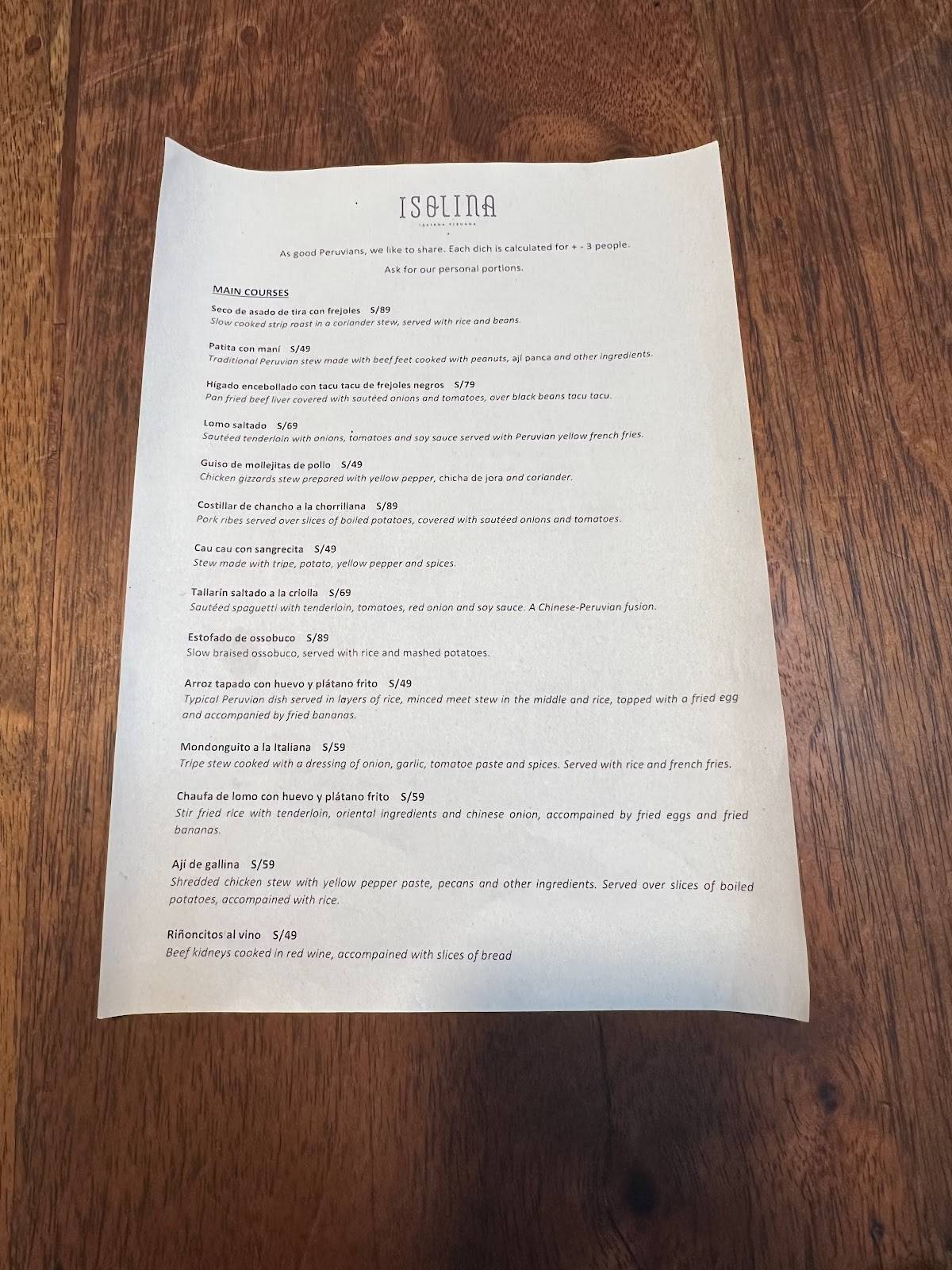 Carta del restaurante Isolina Taberna Peruana, Barranco