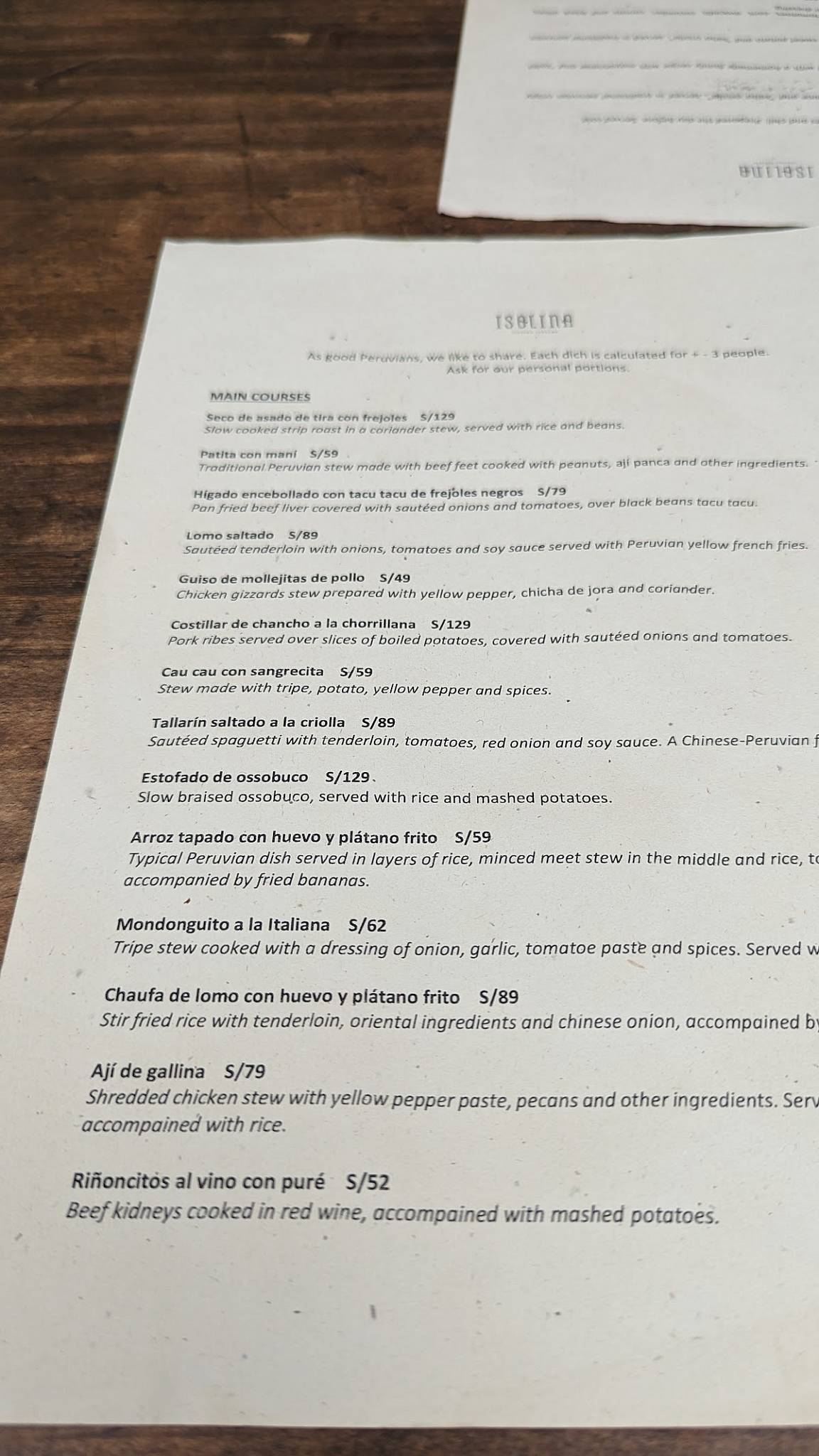 Carta del restaurante Isolina Taberna Peruana, Barranco
