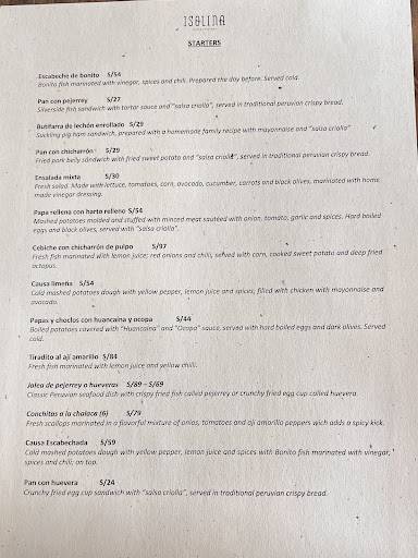 Carta del restaurante Isolina Taberna Peruana, Barranco