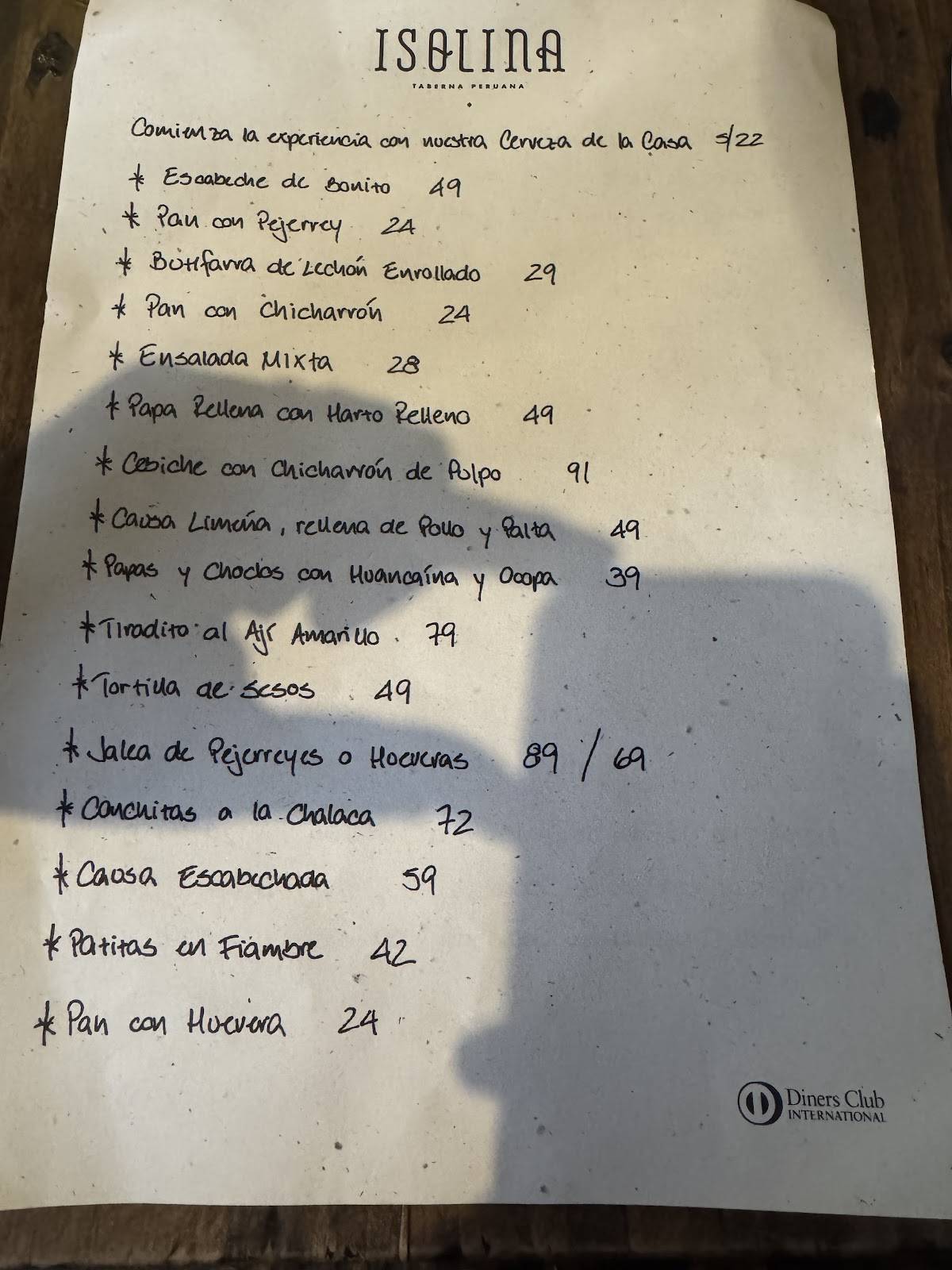 Carta del restaurante Isolina Taberna Peruana, Barranco