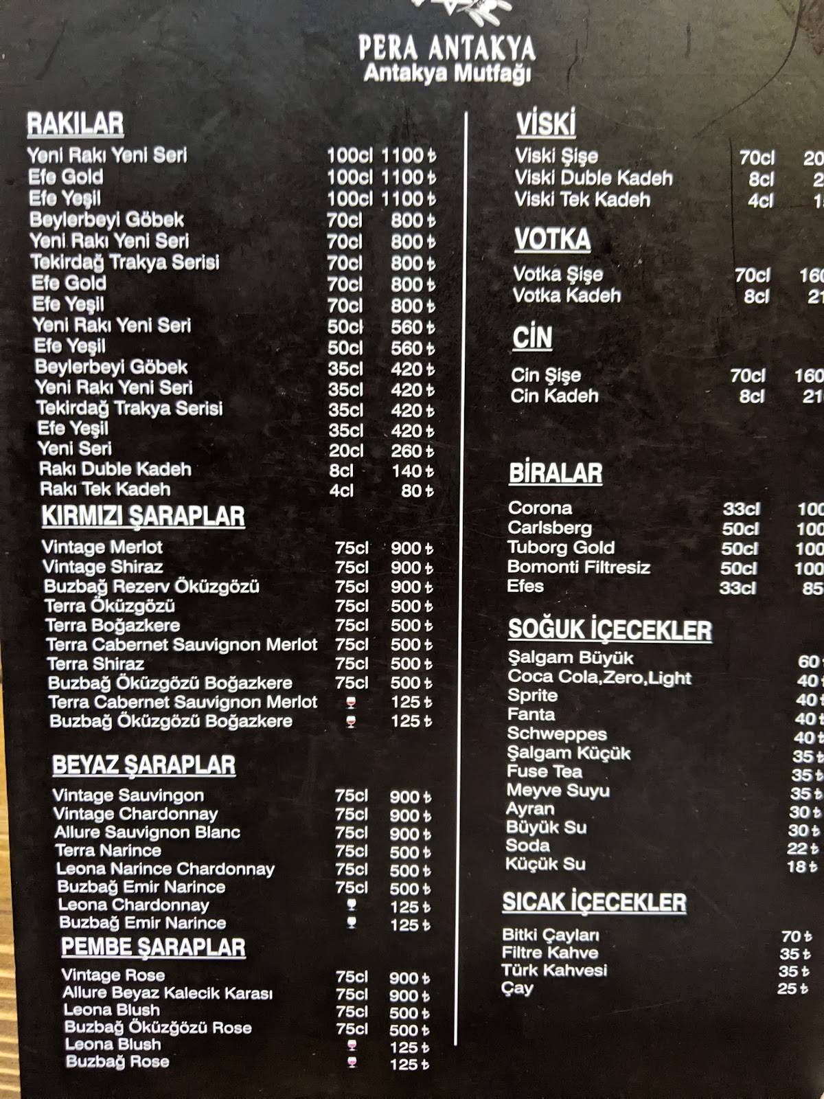 Menu at Pera Antakya, Istanbul