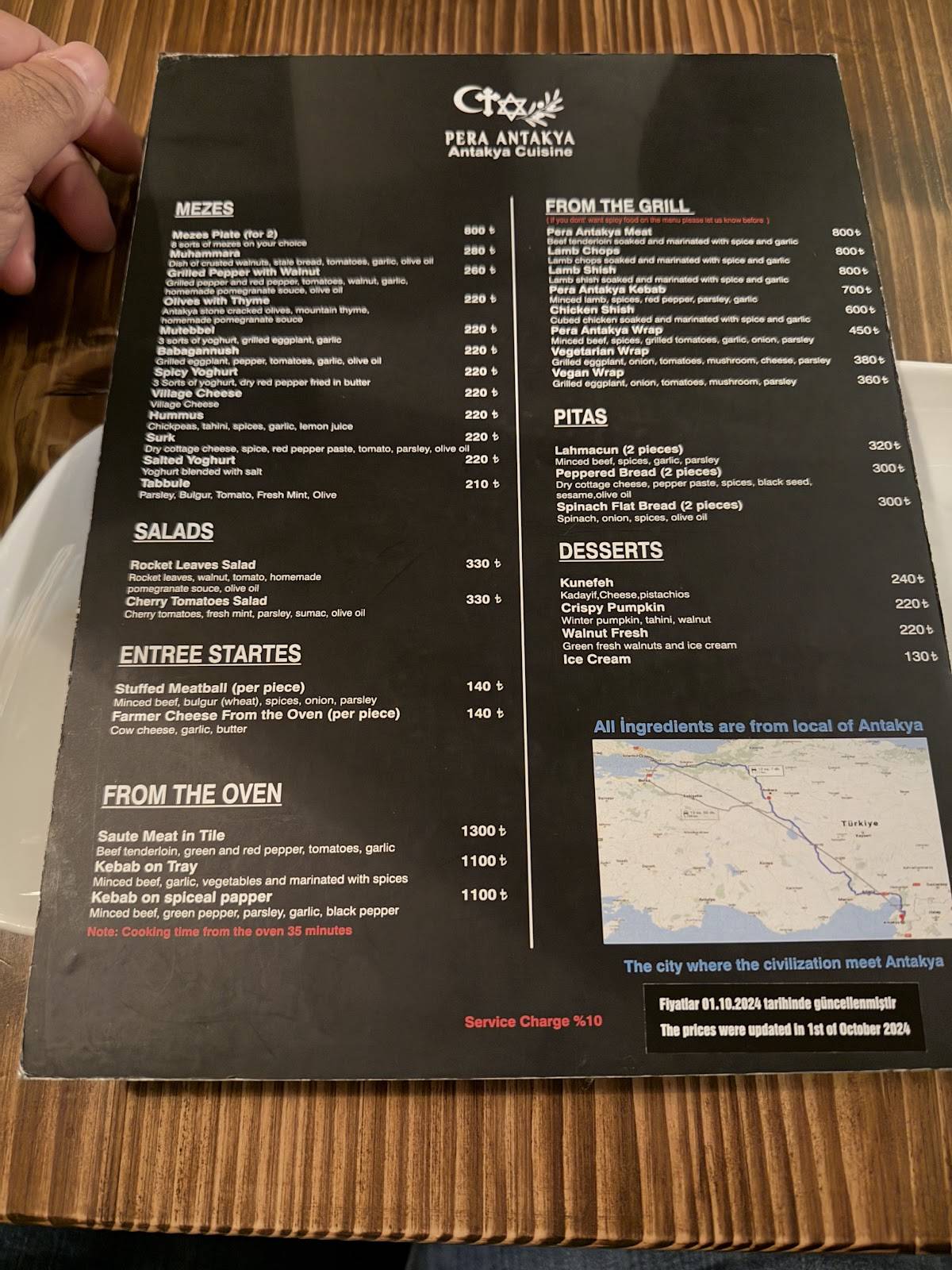 Menu at Pera Antakya, Istanbul