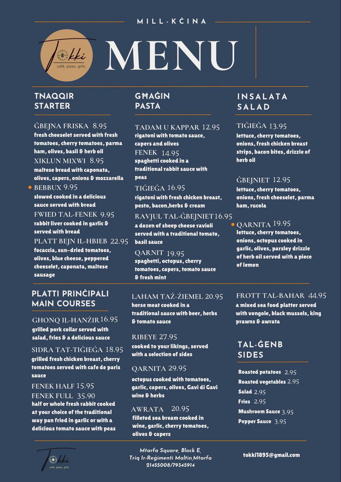 Menu at It-Tokki restaurant, Imtarfa