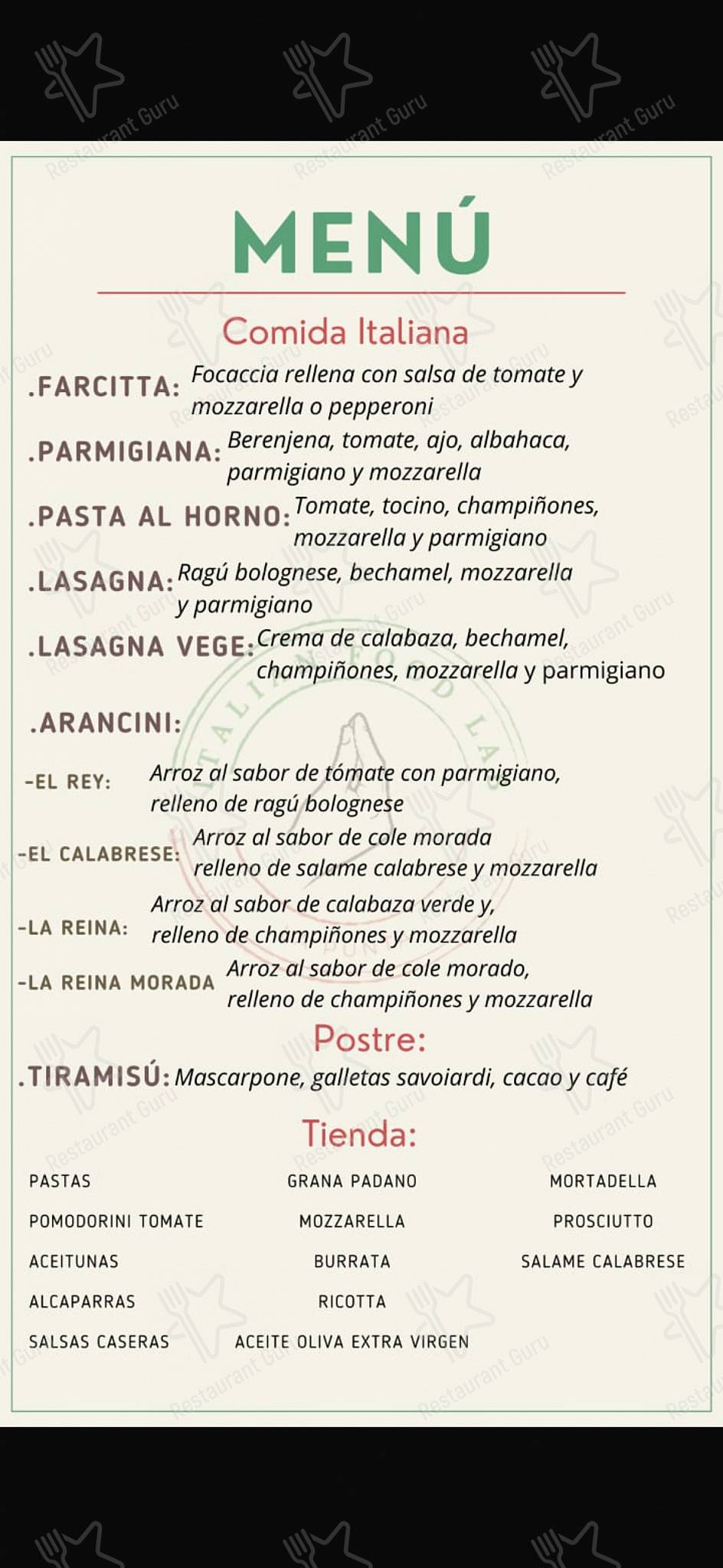 Menu at Italian Food Lab restaurant, Puerto Escondido