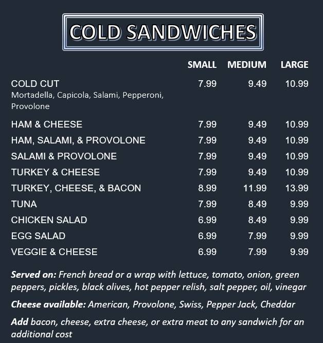 Menu at J Brothers Variety pizzeria, Arundel