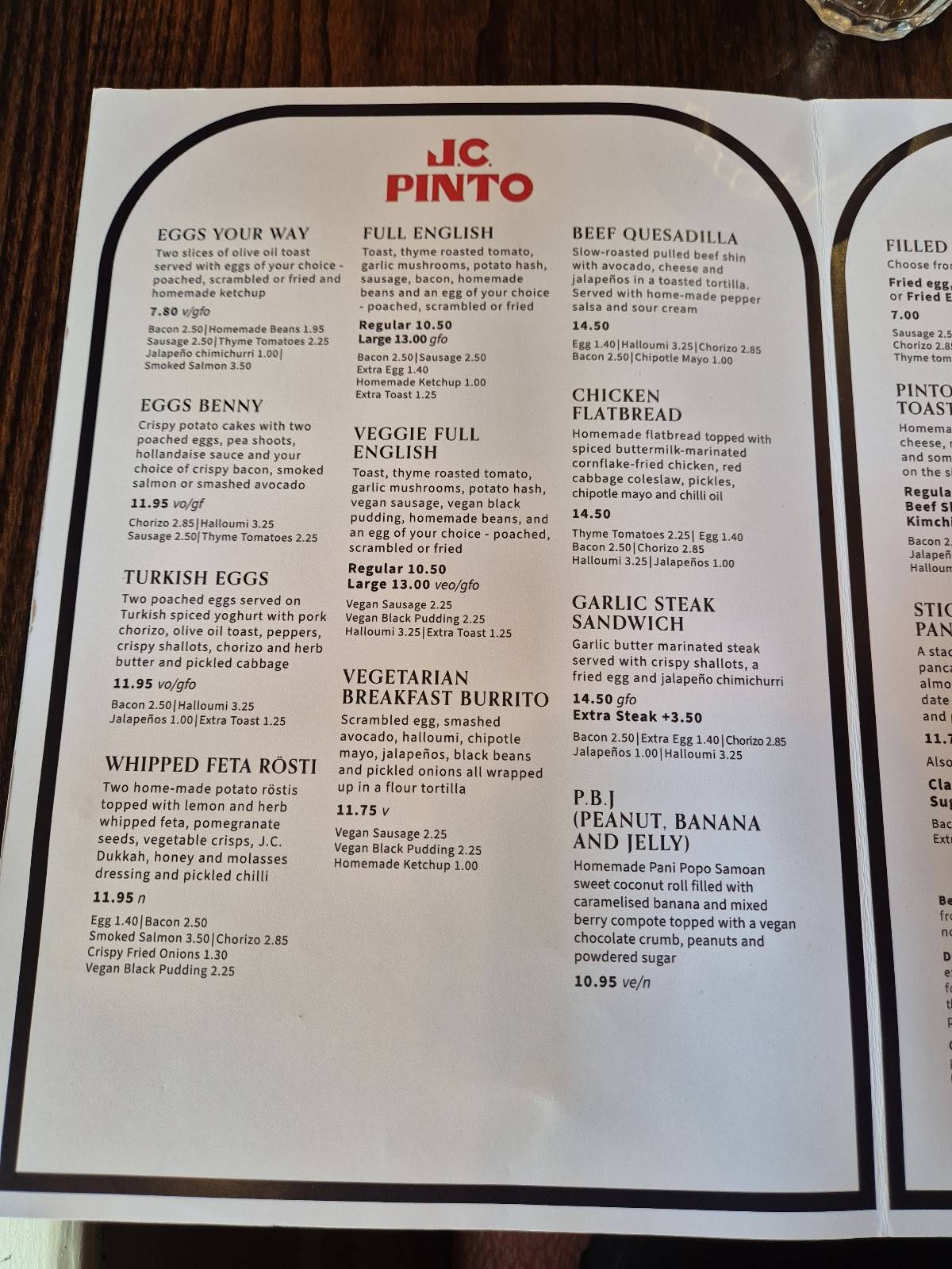 Menu at J.C. Pinto cafe, Norwich