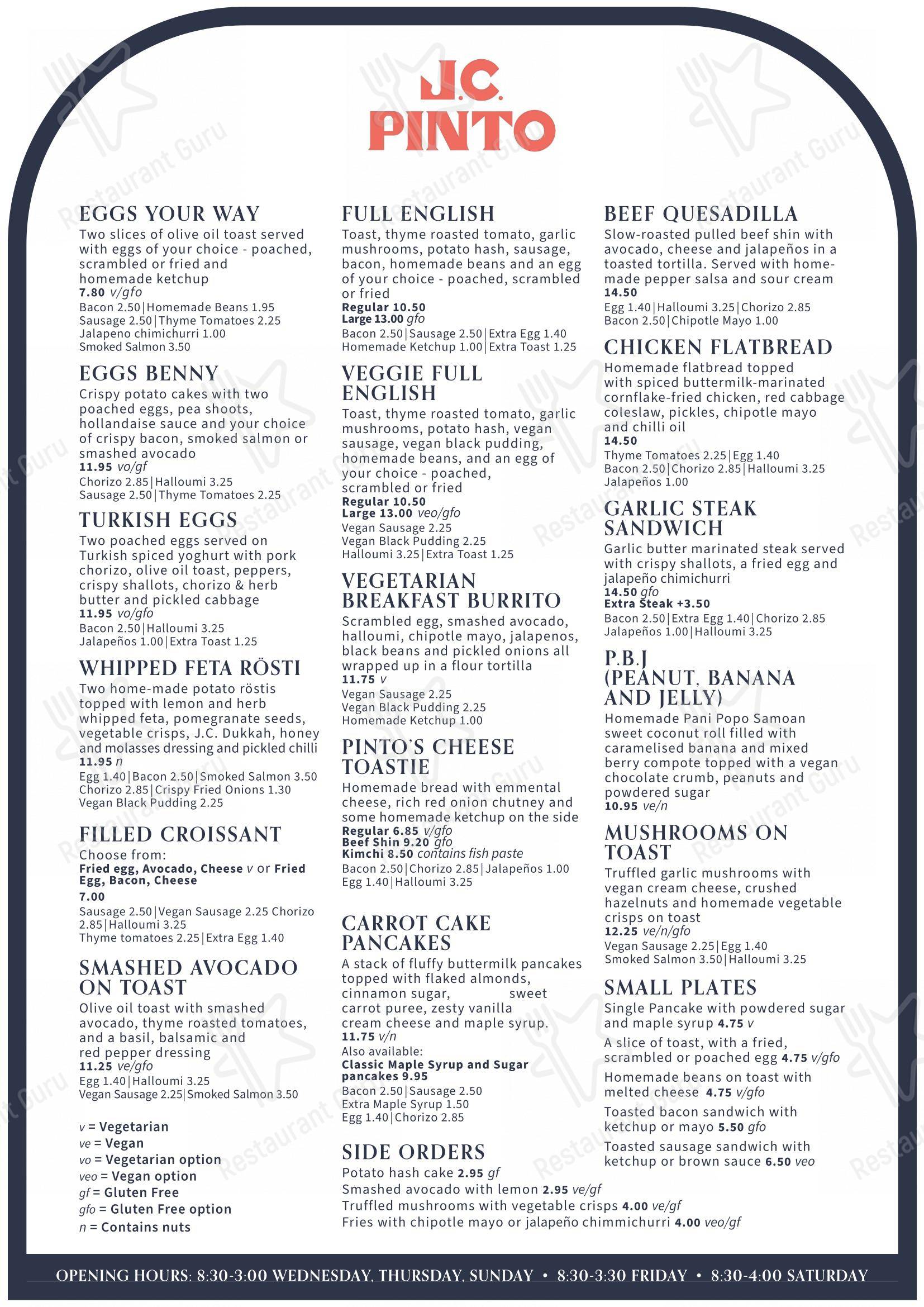 Menu at J.C. Pinto cafe, Norwich