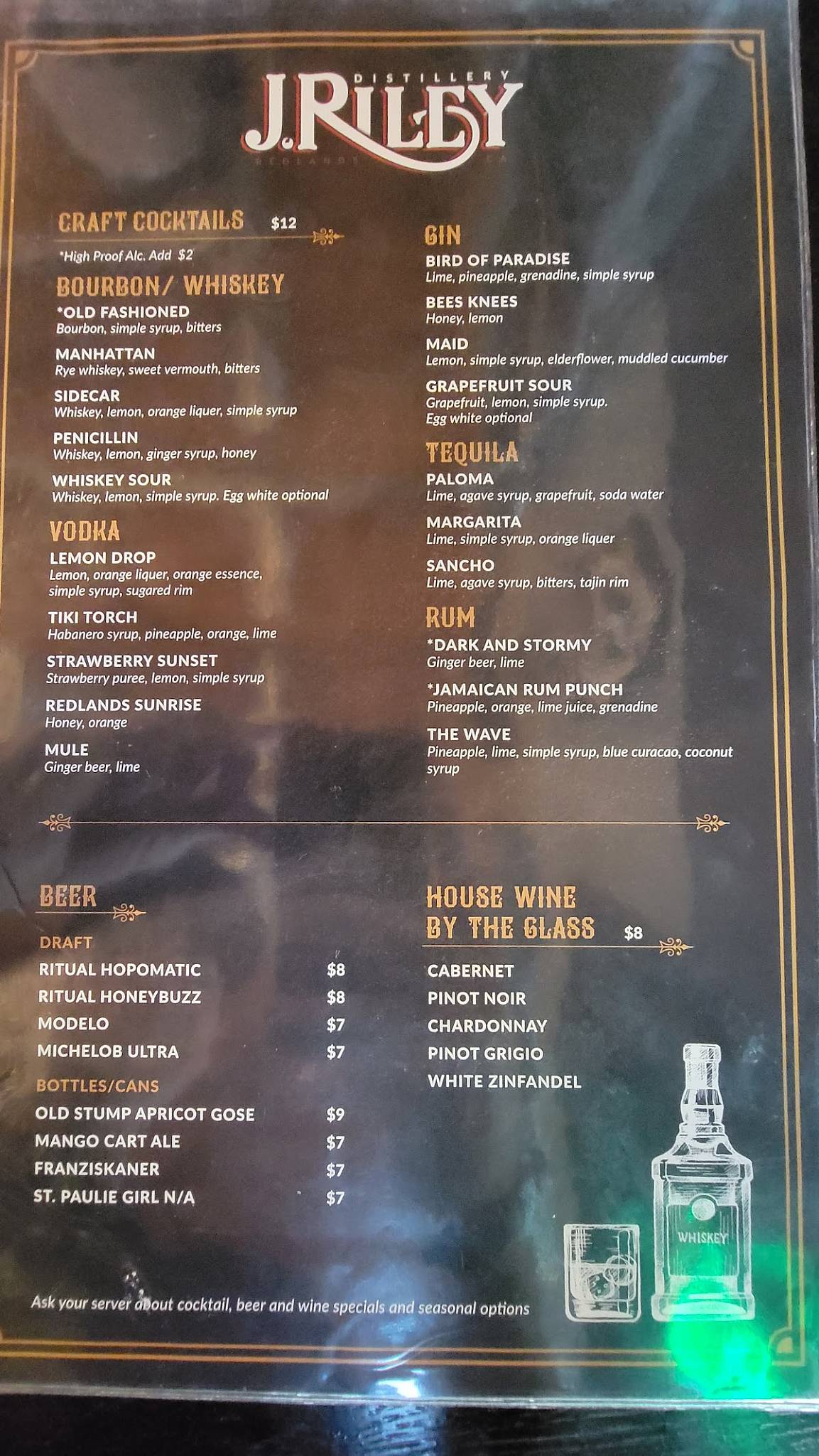 Carta del restaurante J Riley Distillery, Redlands