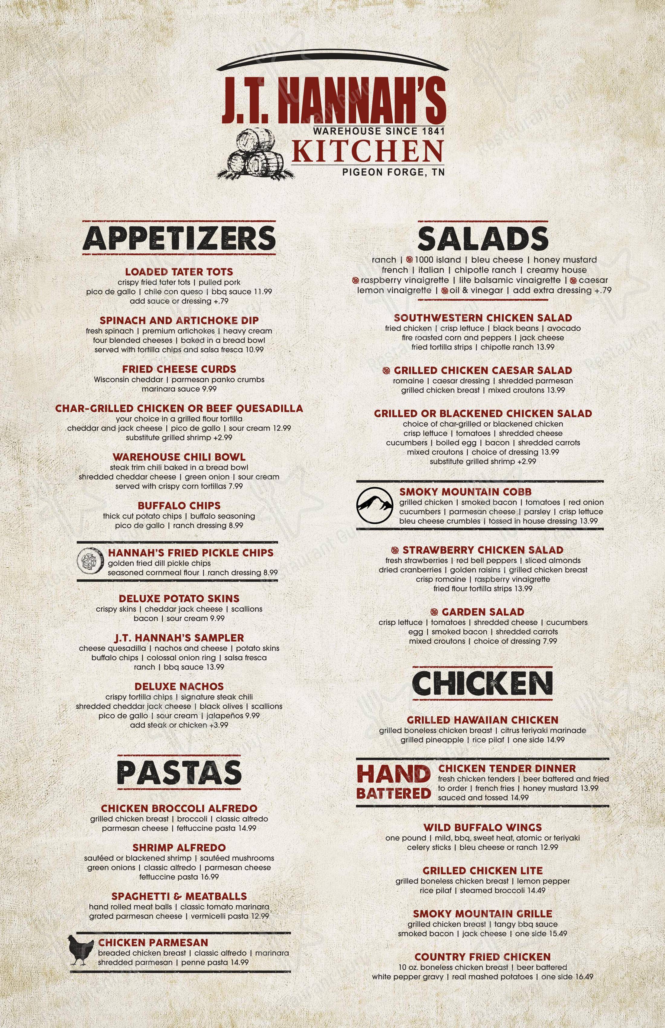 Menu at J.T. Hannah's Kitchen pub & bar, Pigeon Forge