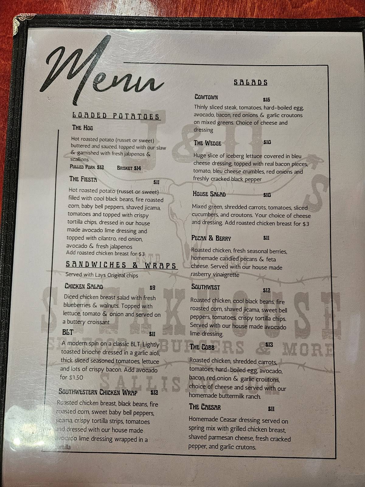 Menu at J&D’s Steakhouse, Sallisaw